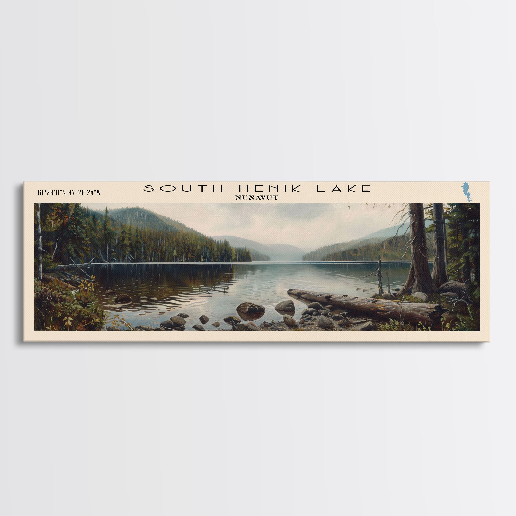 South Henik Lake Panoramic Framed Canvas Print, Lake House Decor, Wall
