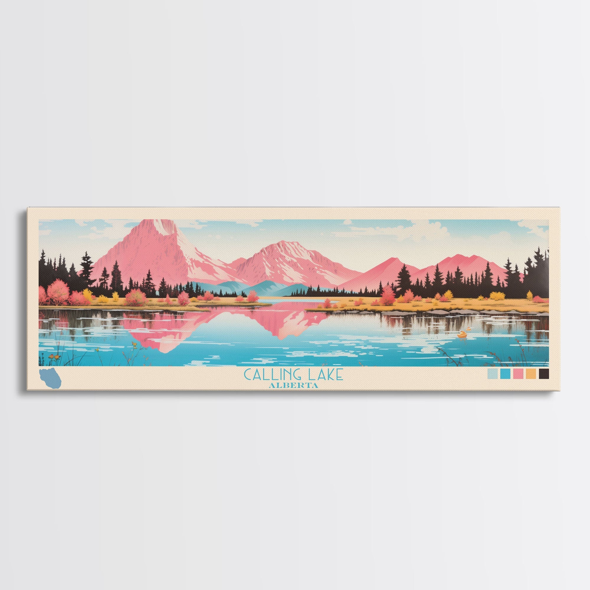 Calling Lake Alberta Framed Canvas Print, Midcentury Modern Panoramic