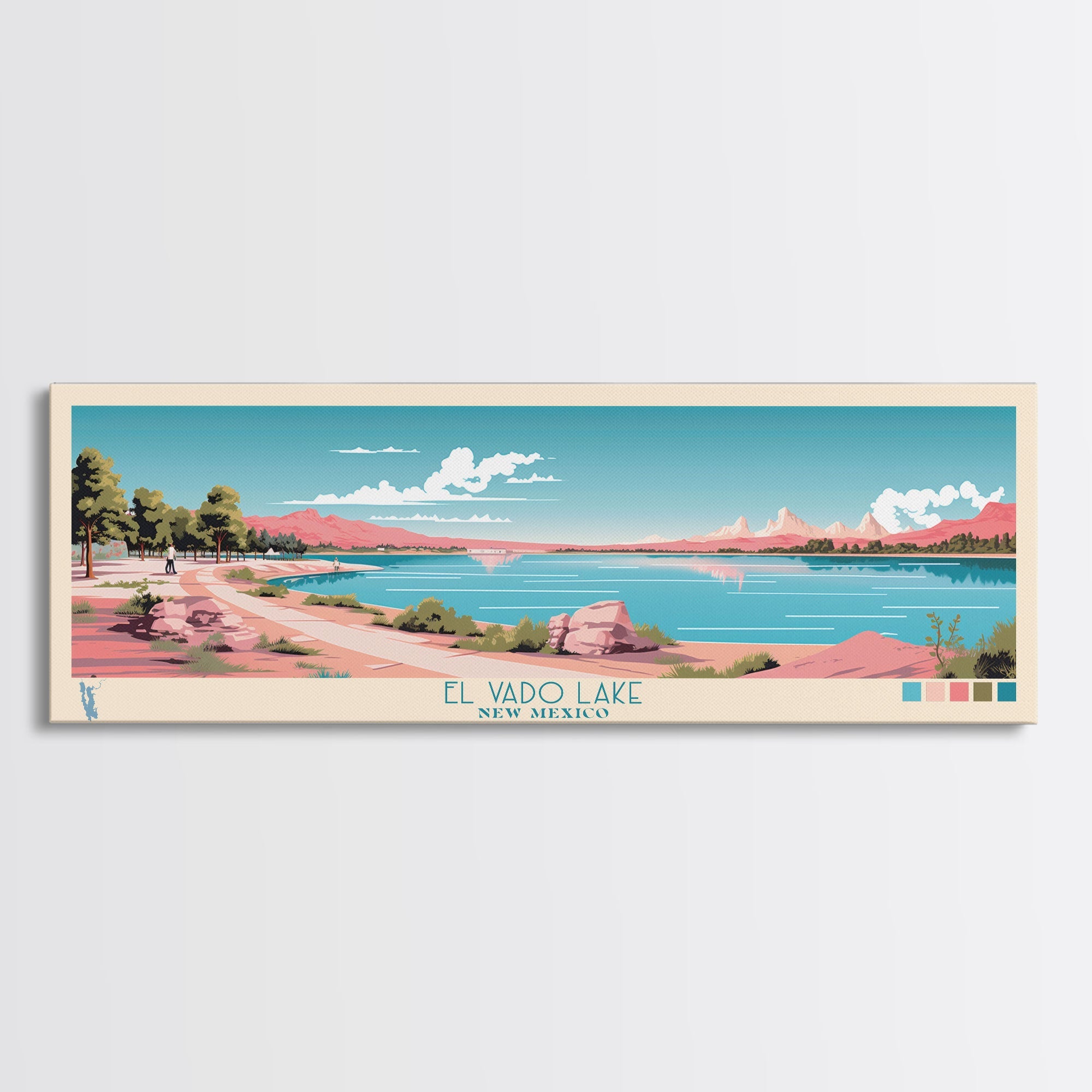El Vado Lake New Mexico Framed Canvas Print, Panoramic Art, Midcentury