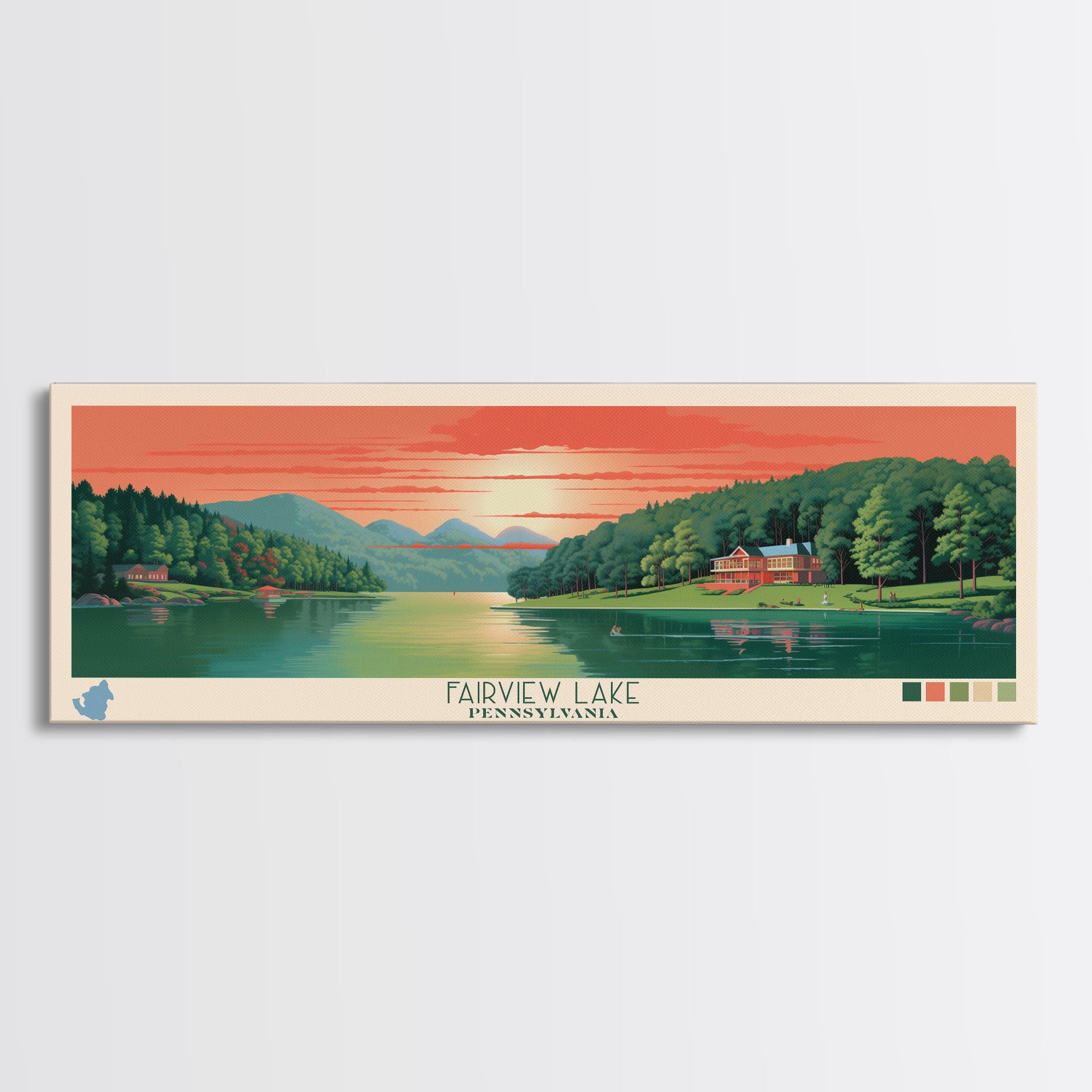 Fairview Lake Pennsylvania Framed Canvas Print, Panoramic Art, Midcent