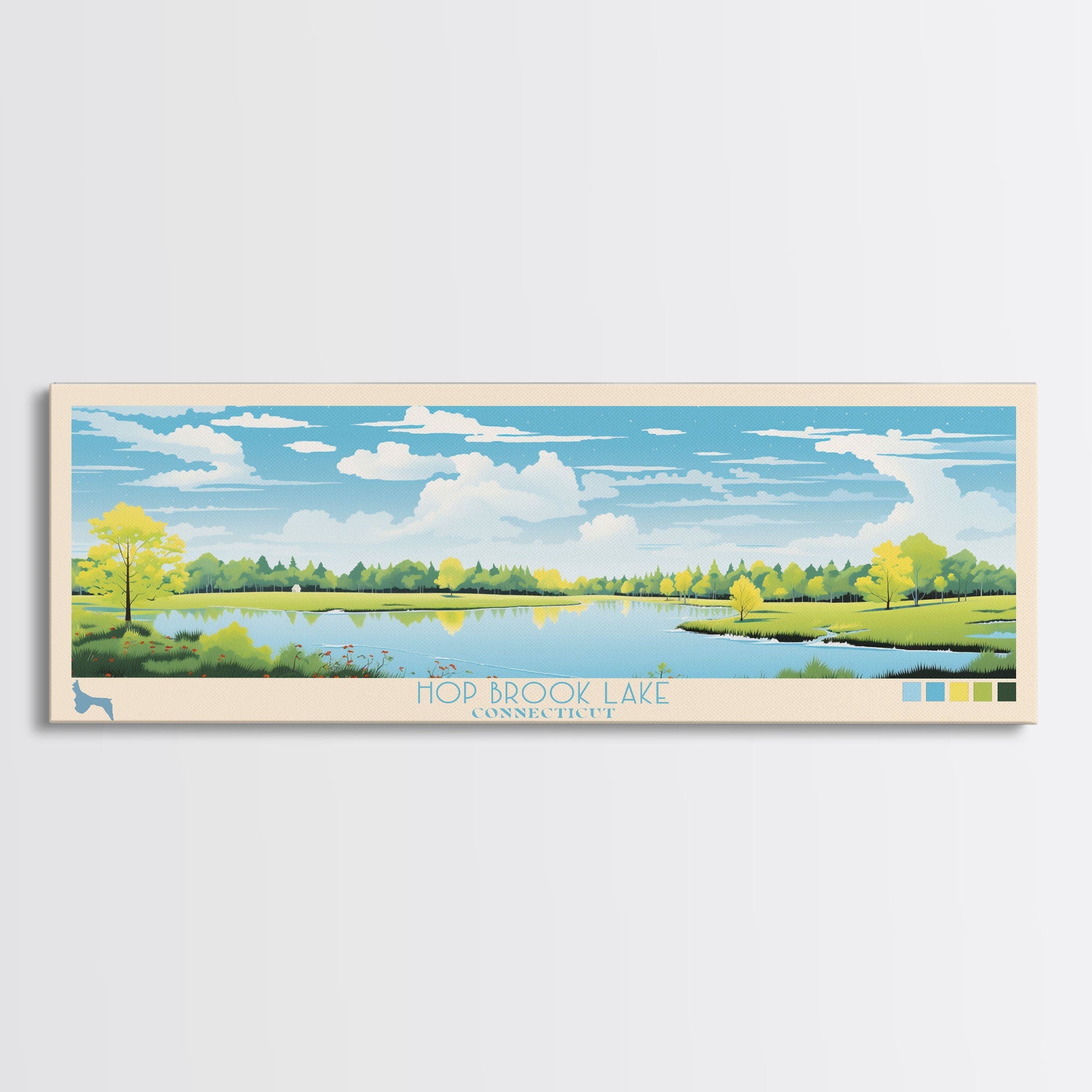 Hop Brook Lake Connecticut Framed Canvas Print, Panoramic Art, Midcent