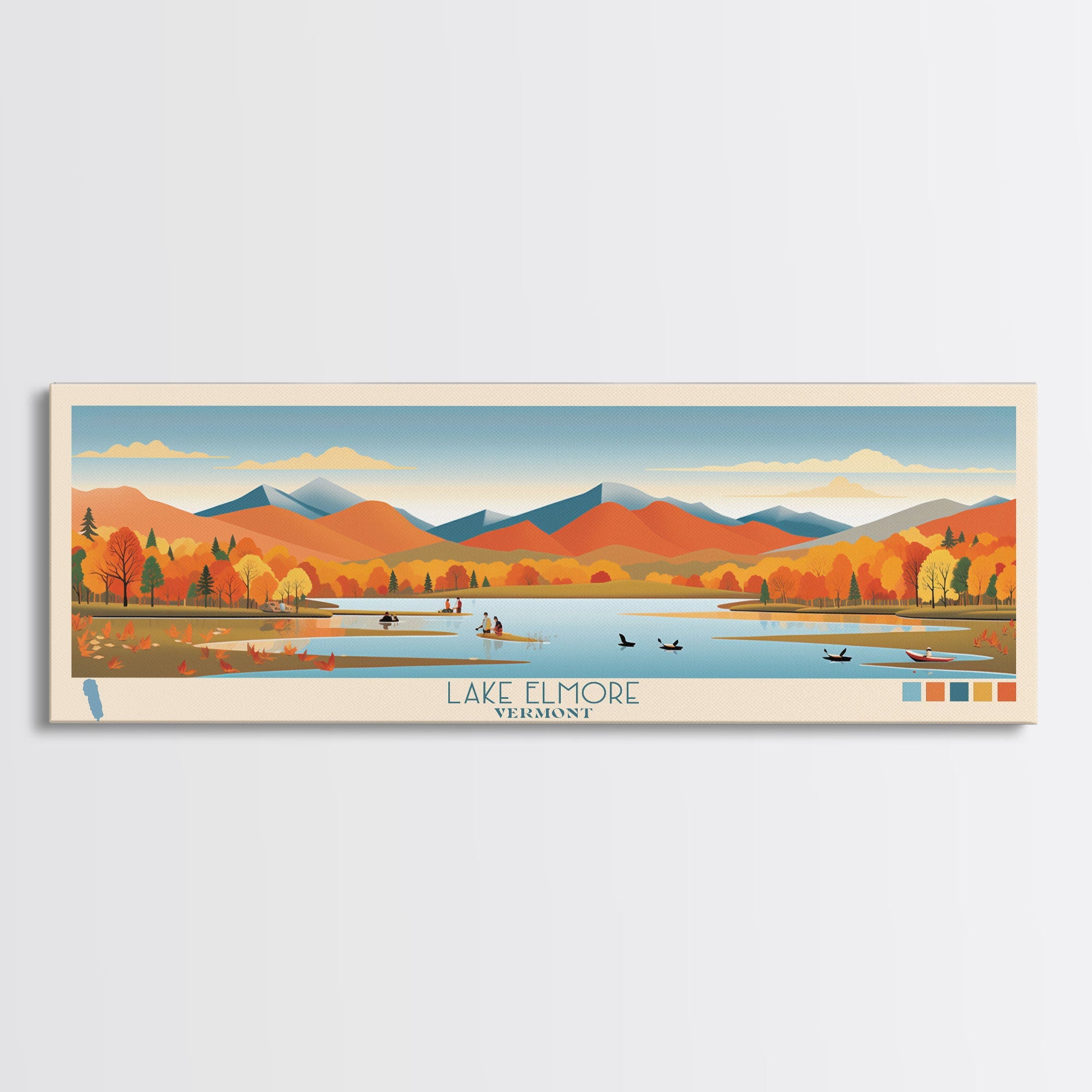 Lake Elmore Vermont Framed Canvas Print, Panoramic Art, Midcentury Mod