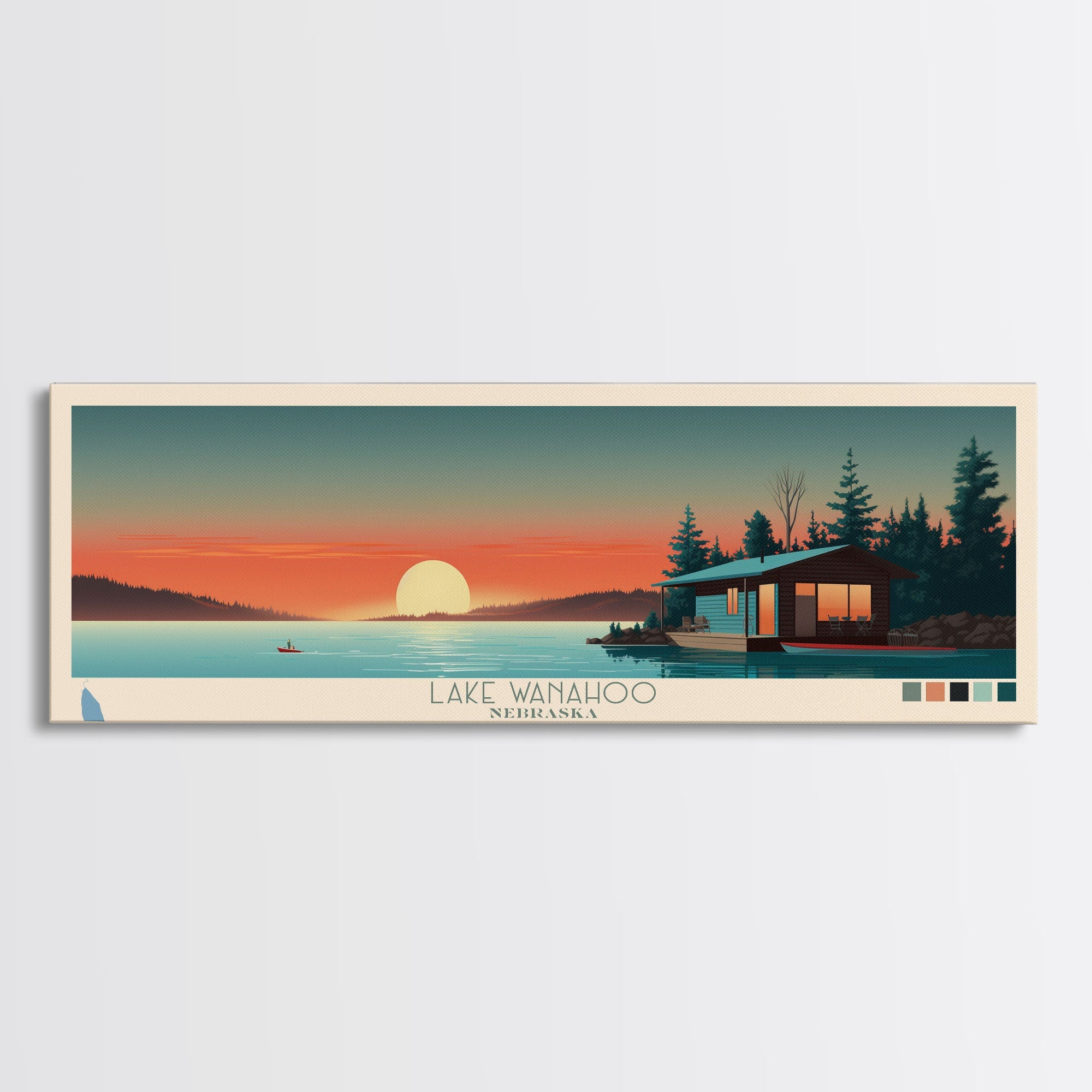Lake Wanahoo, Nebraska Panoramic Wall Art Framed Canvas Print, Midcent