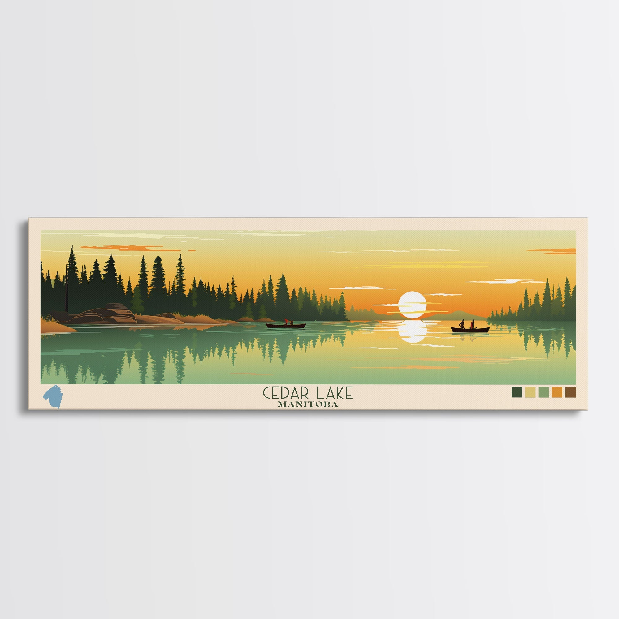 Lakes Cedar, Manitoba Panoramic Wall Art Framed Canvas Print, Midcentu