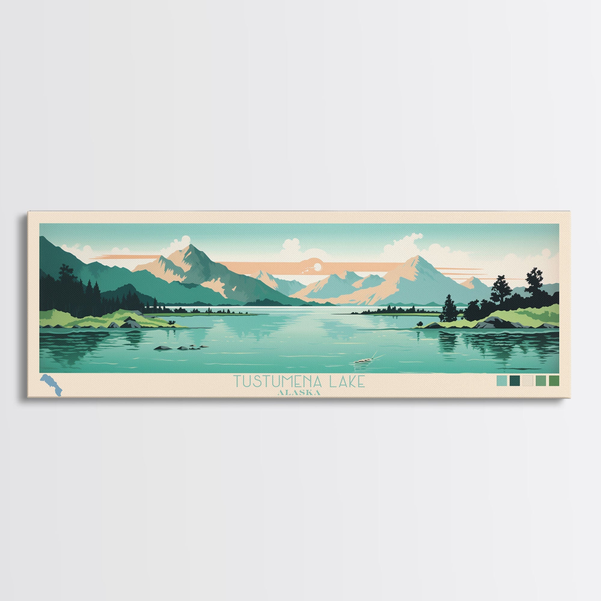 Tustumena Lake, Alaska Framed Canvas Print, Lake House Decor, Midcentu