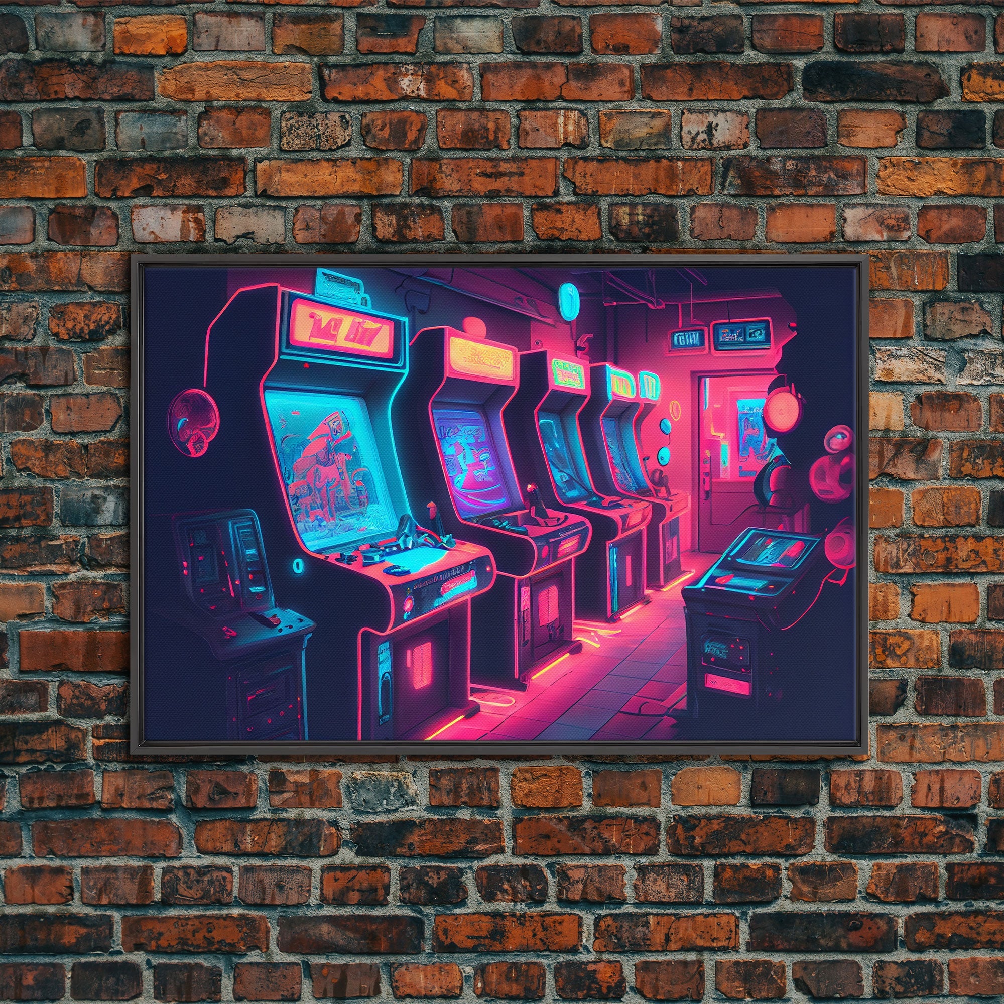 Synthwave Game Room Art, Neon retro 90s arcade room wall art, framed c