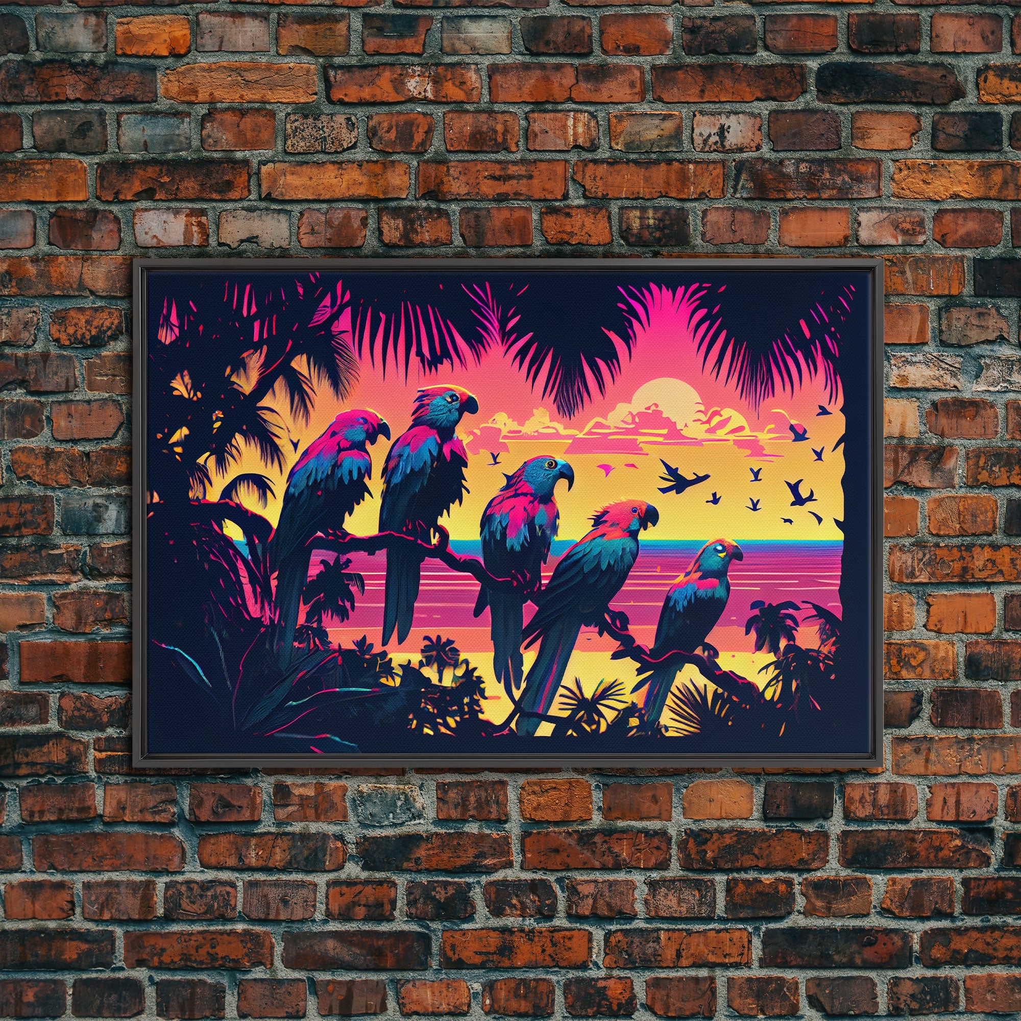Tropical birds of paradise, synthwave, vaporwave wall art, framed canv