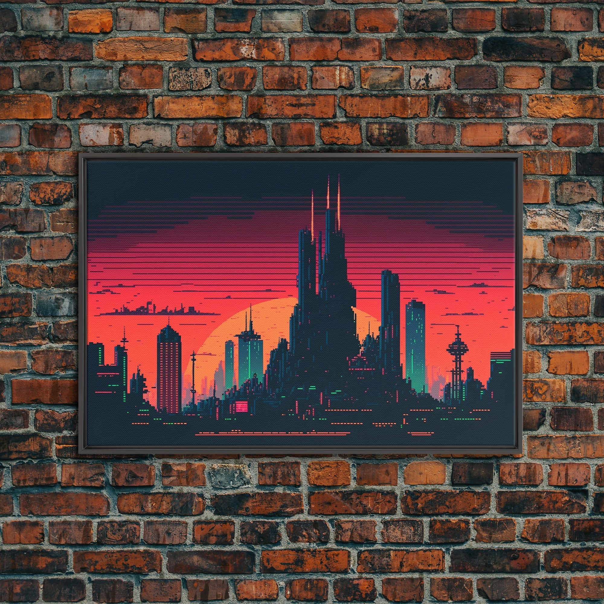 Outrun Style Pixel Art Futuristic Cyberpunk City Skyline at Sunset, Co
