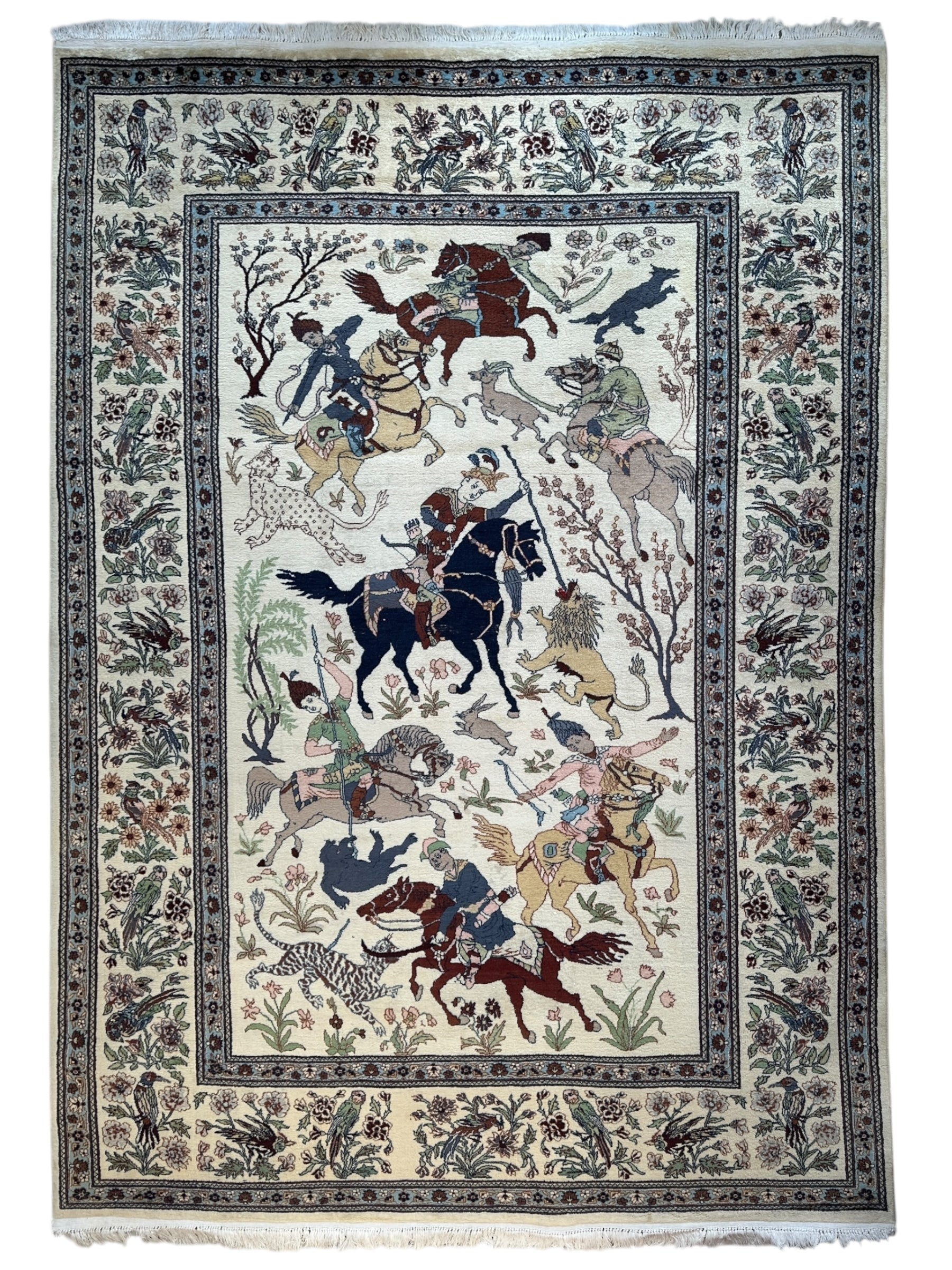 Hand-Knotted Lahore Hunting Scene Wool Rug – 8’ x 11’3” – Vintage 1950