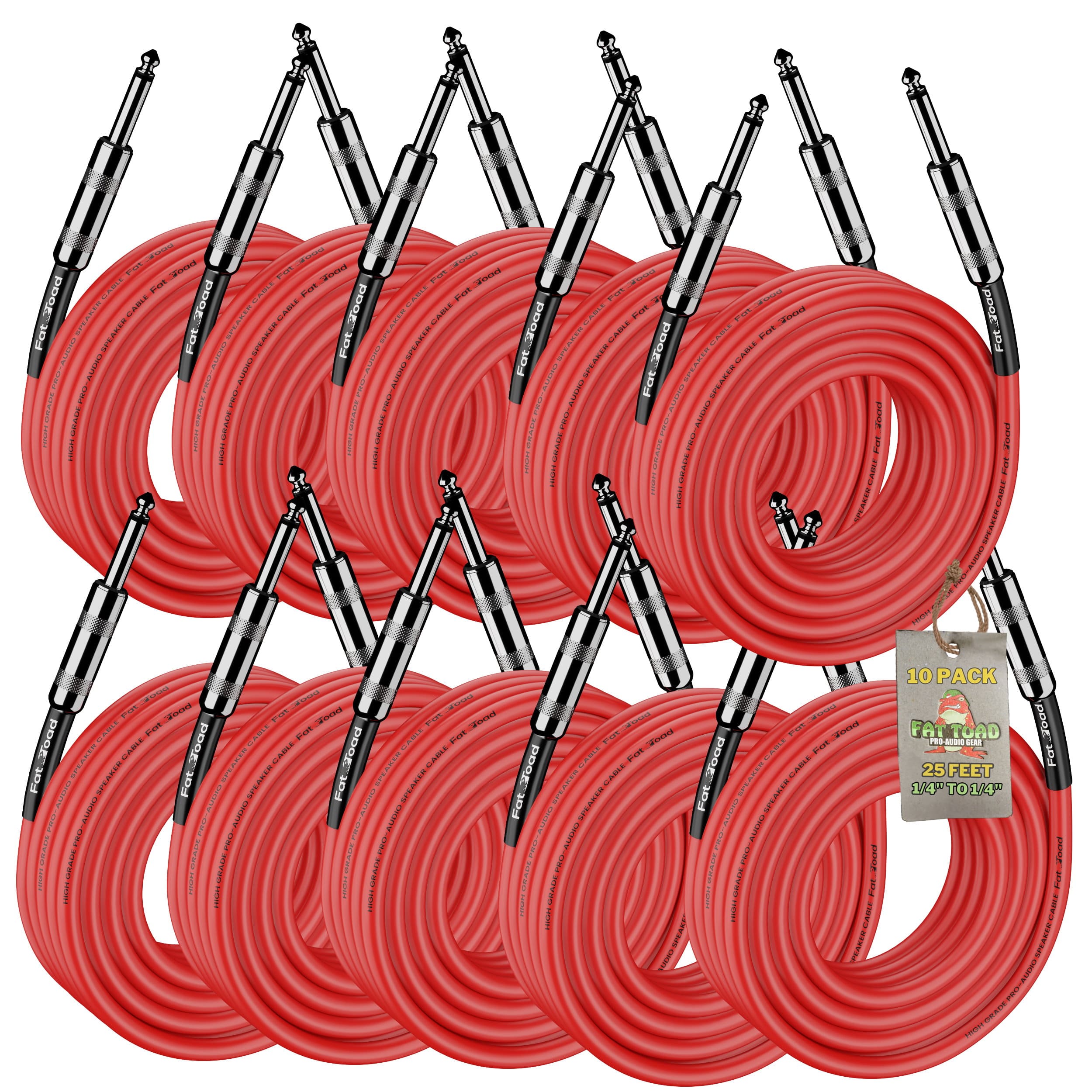 25FT Speaker Cables (10 PACK) by FAT TOAD - Quarter Inch 12 AWG Gauge