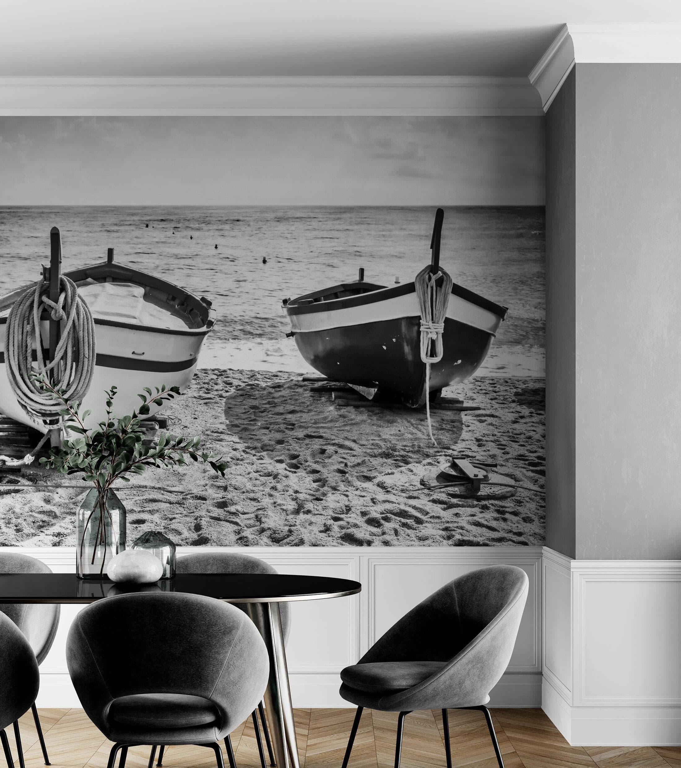 Black and White Nautical Theme Wallpaper Mural. Boat on Shore Wall Mur