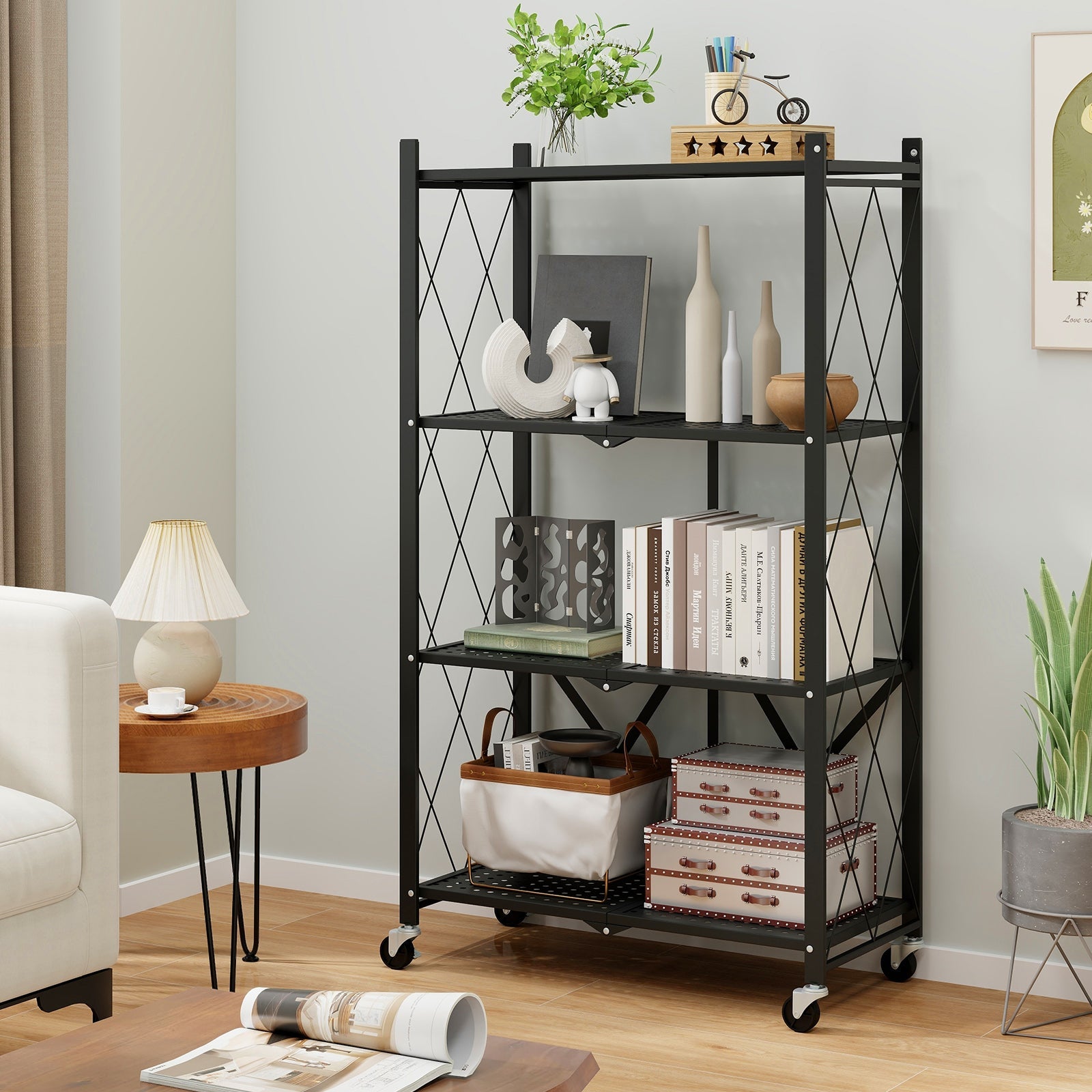 4-Tier Foldable Storage Shelf Collapsible Storage Rack with Lockable W