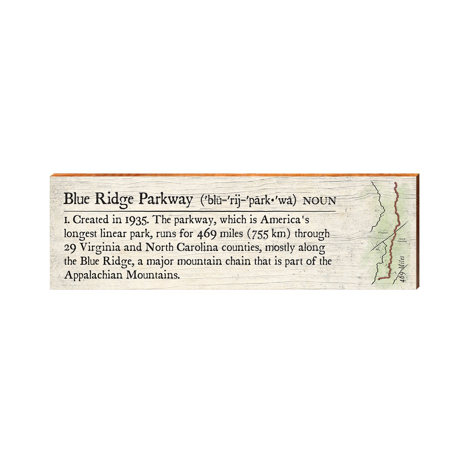 Blue Ridge Parkway Definition Wooden Sign | Wall Art Print on Real Woo
