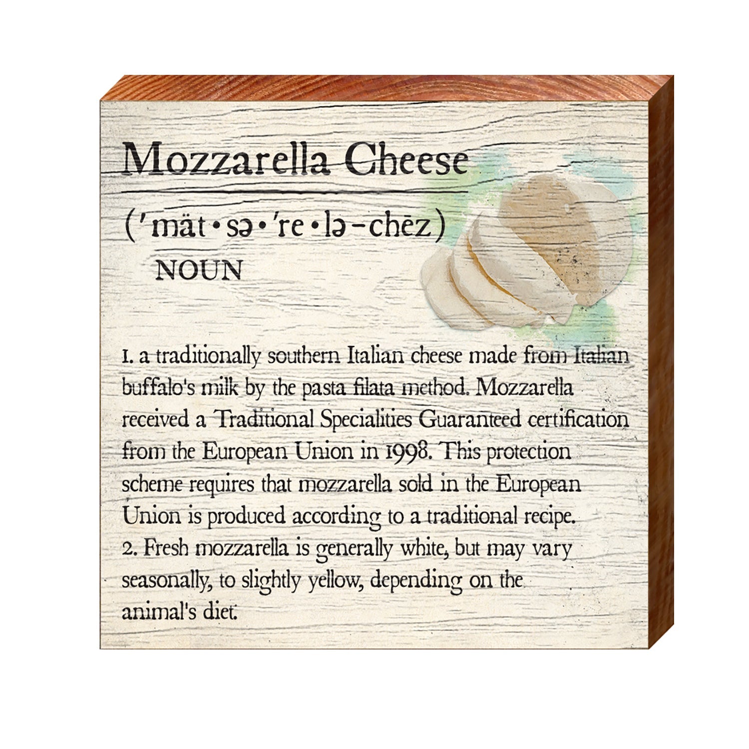Mozzarella Cheese Definition Wooden Sign | Wall Art Print on Real Wood