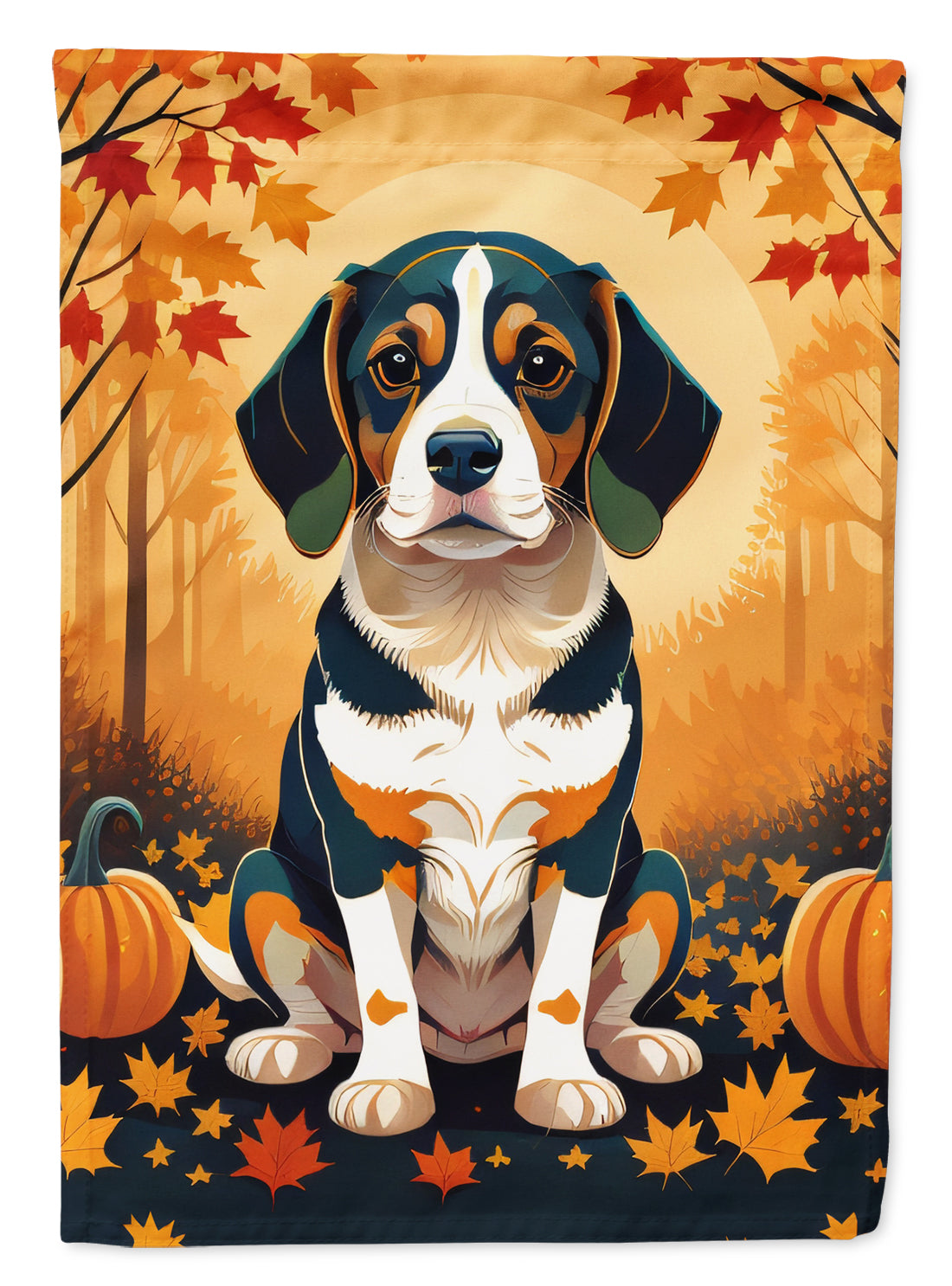 Beagle Fall Garden Flag – Dog Surrounded by Pumpkins & Autumn Leaves