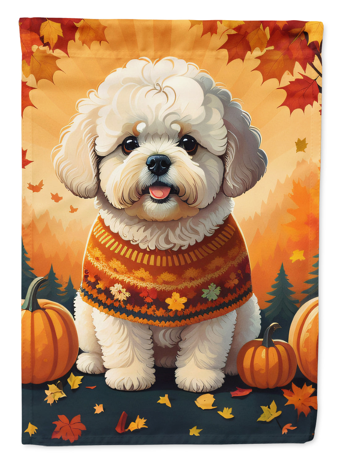 Bichon Frise Fall Garden Flag – Dog Surrounded by Pumpkins & Autumn Le