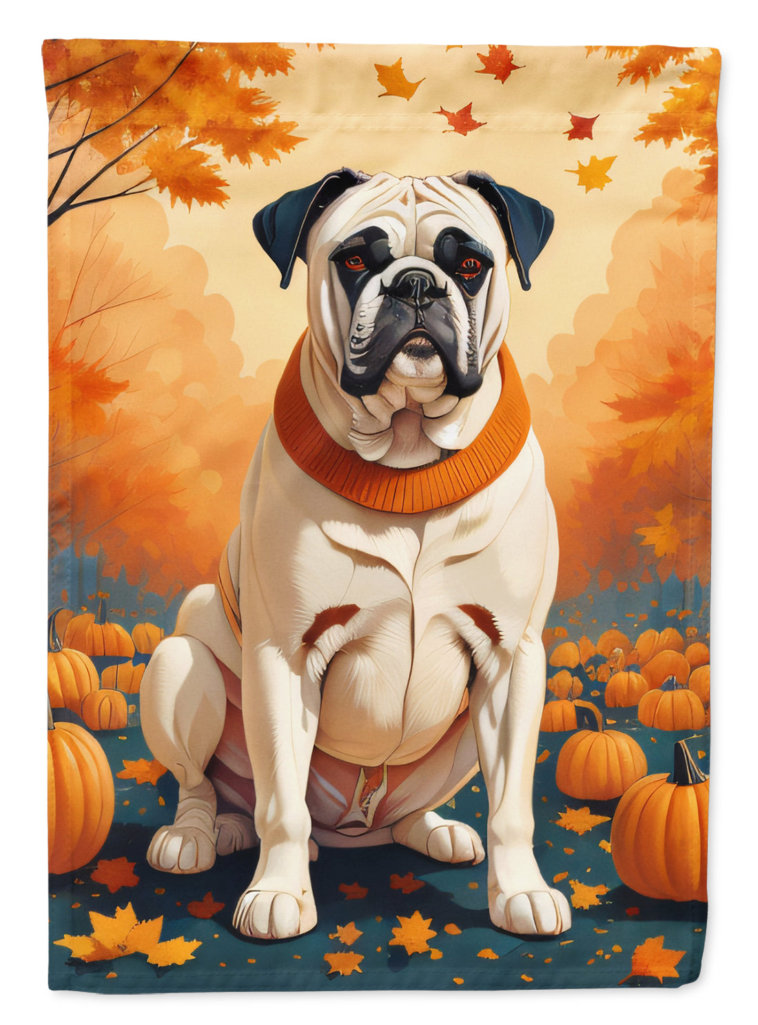 White Boxer Fall Garden Flag – Dog Surrounded by Pumpkins & Autumn Lea