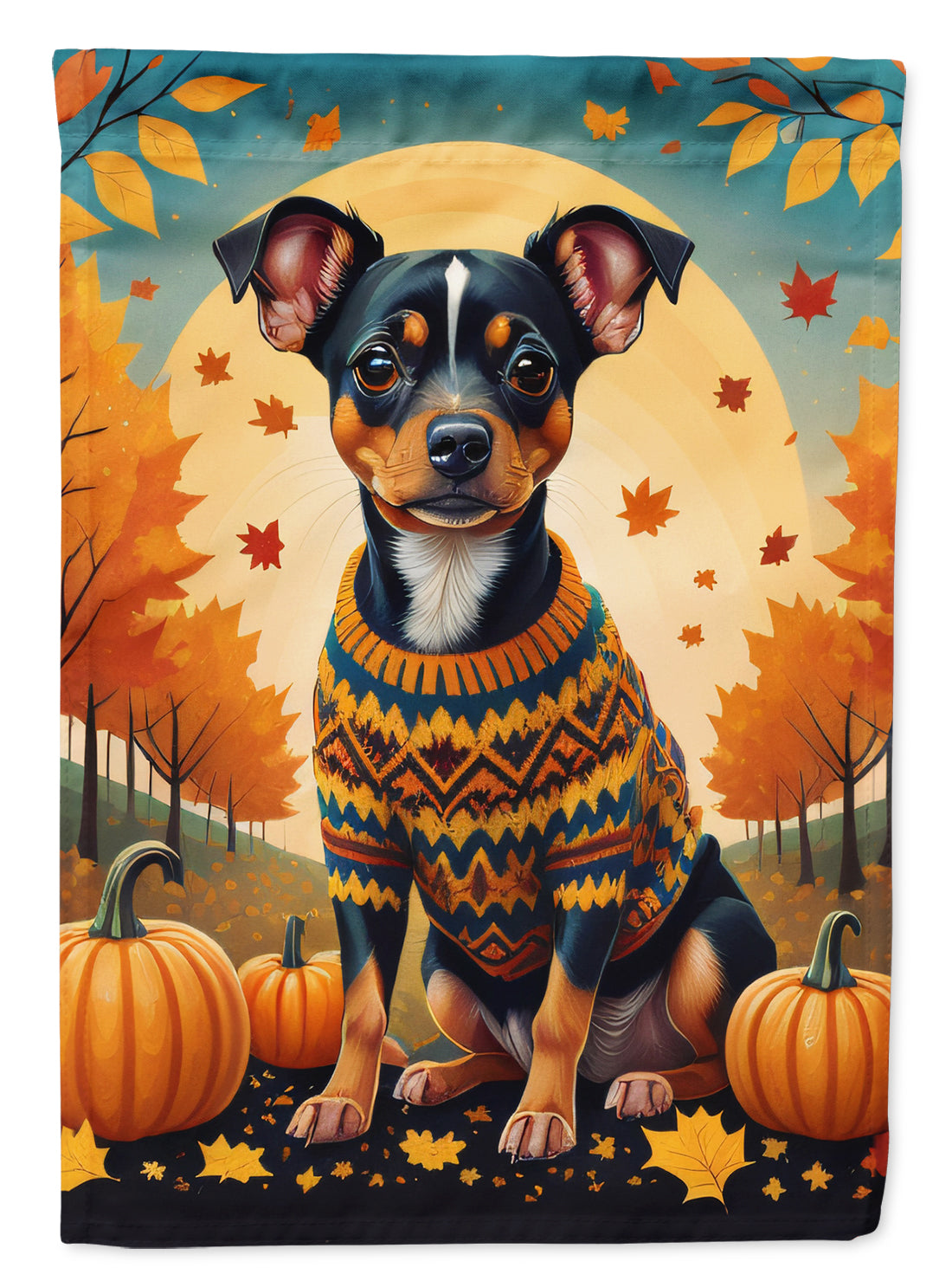 Miniature Pinscher Fall Garden Flag – Dog Surrounded by Pumpkins & Aut