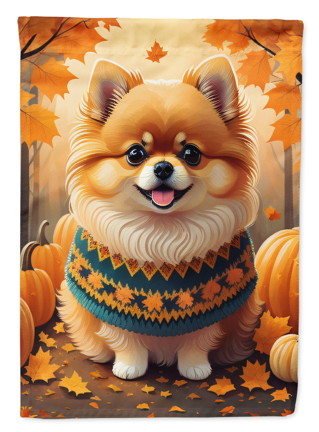 Pomeranian Fall Garden Flag – Dog Surrounded by Pumpkins & Autumn Leav