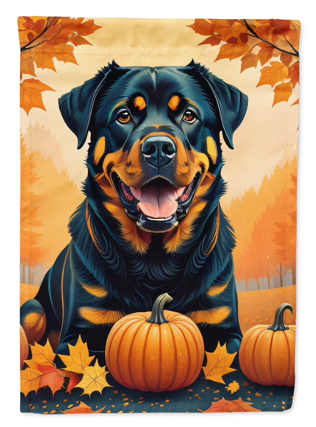 Rottweiler Fall Garden Flag – Dog Surrounded by Pumpkins & Autumn Leav