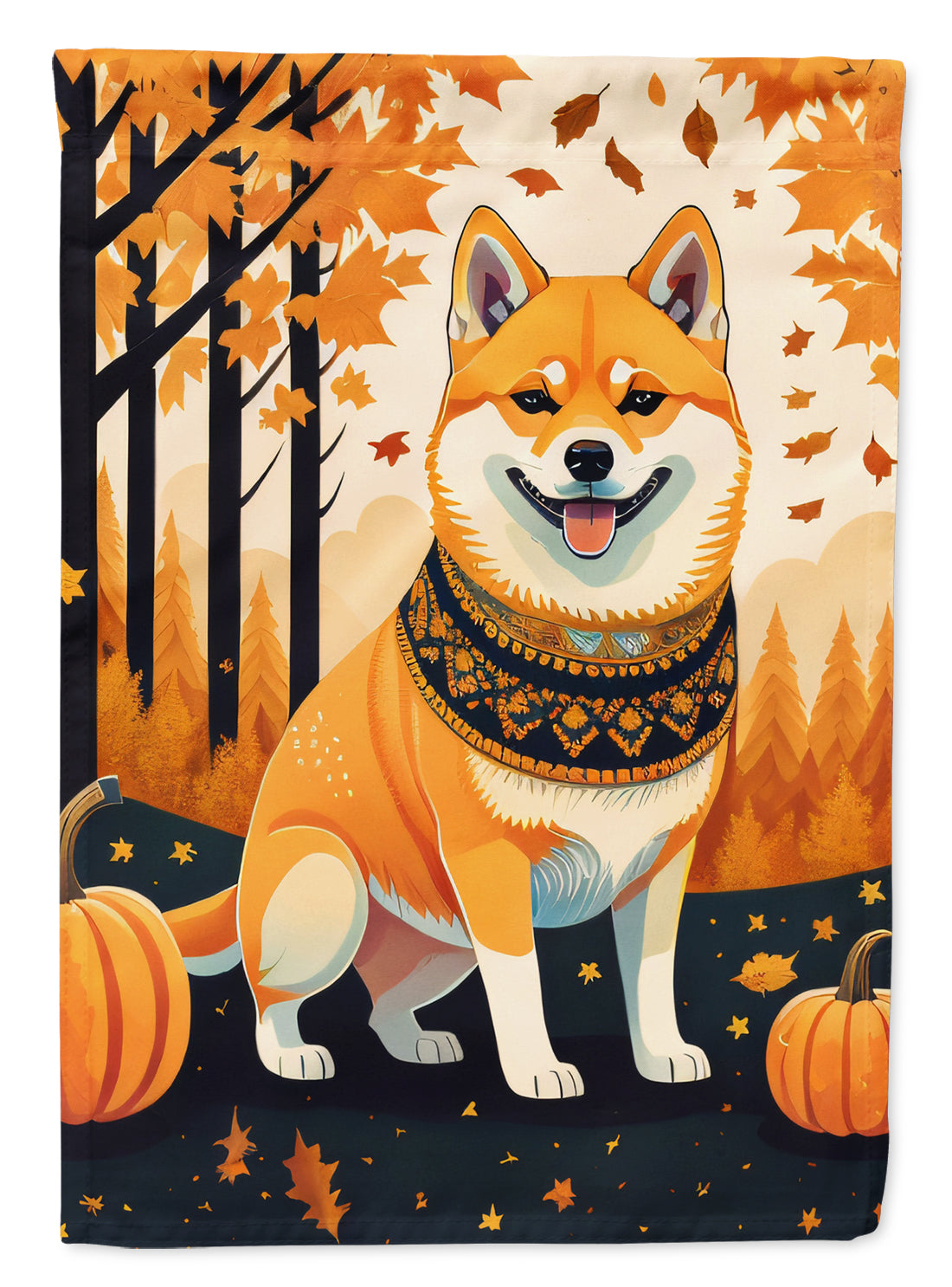 Shiba Inu Fall Garden Flag – Dog Surrounded by Pumpkins & Autumn Leave