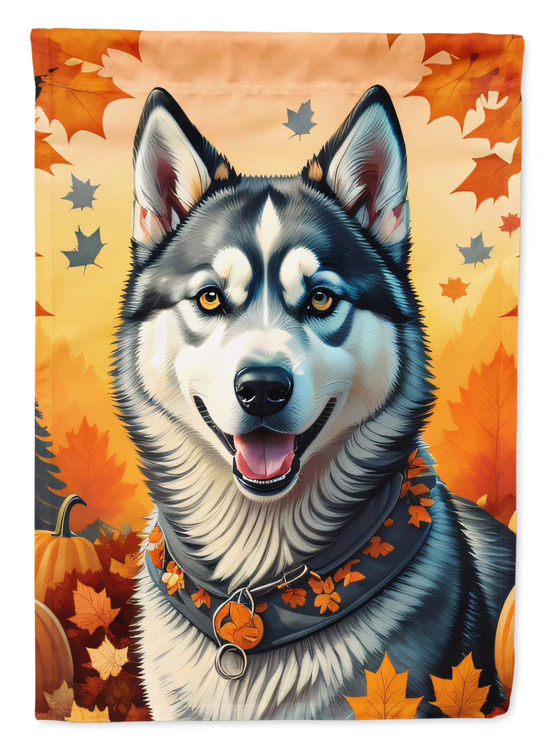 Siberian Husky Fall Garden Flag – Dog Surrounded by Pumpkins & Autumn