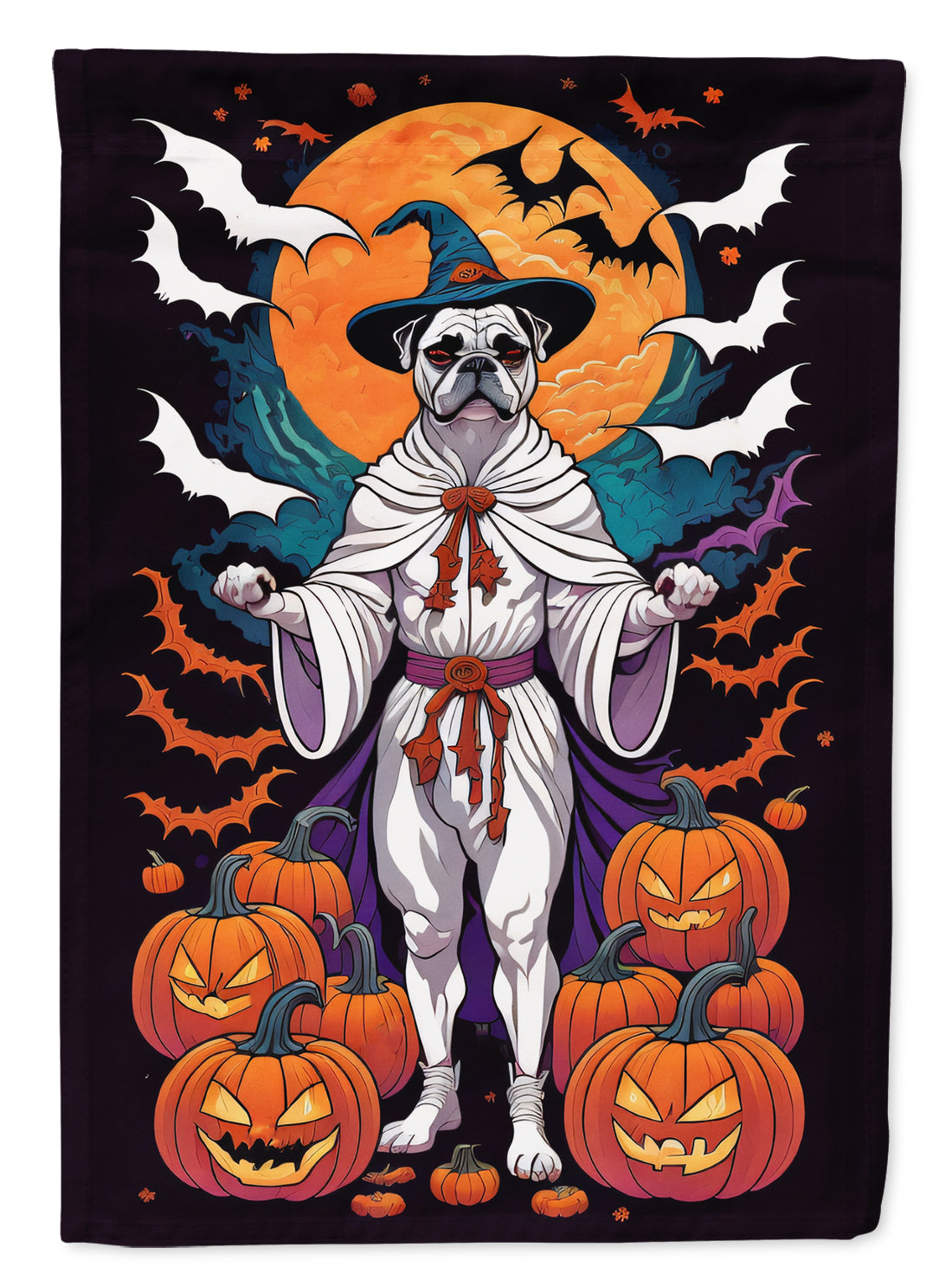 White Boxer Witchy Halloween Garden Flag – Witch Dog with Pumpkins, Ba