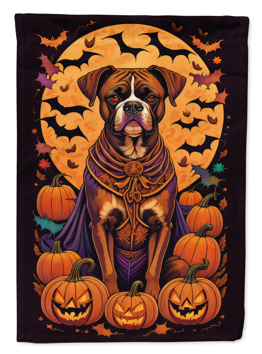 Boxer Witchy Halloween Garden Flag – Witch Dog with Pumpkins, Bats & J