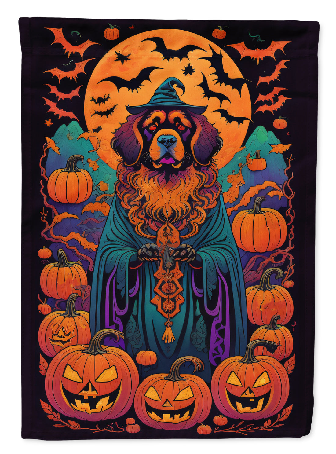 Tibetan Mastiff Witchy Halloween Garden Flag – Witch Dog with Pumpkins