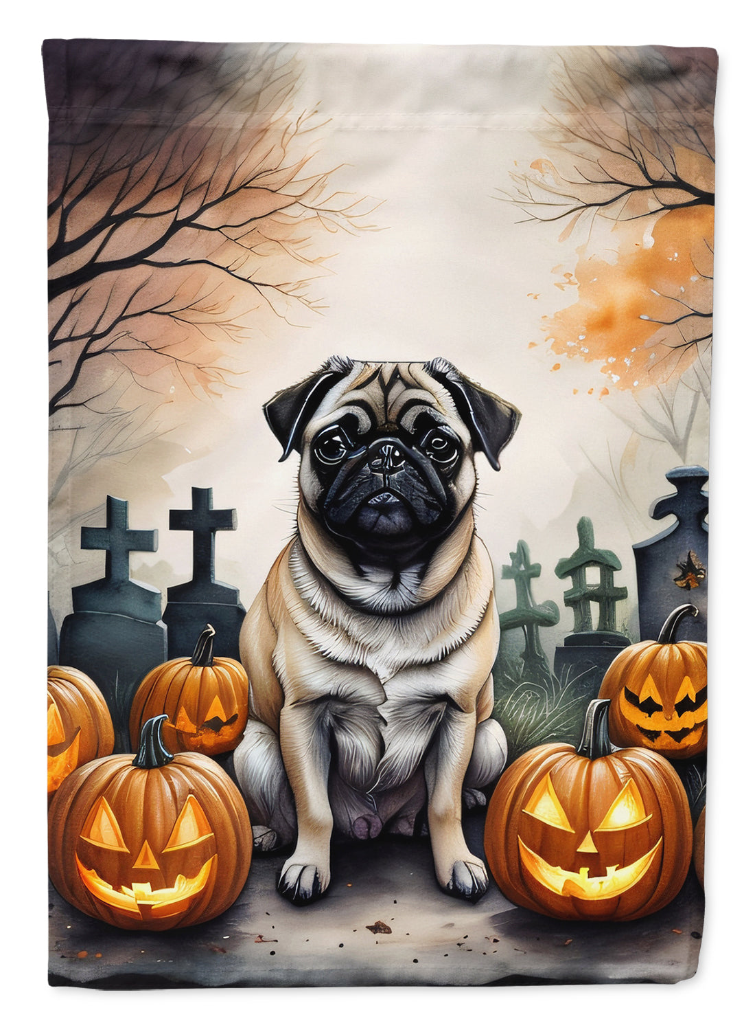 Fawn Pug Spooky Halloween Garden Flag – Dog in Cemetery Scene