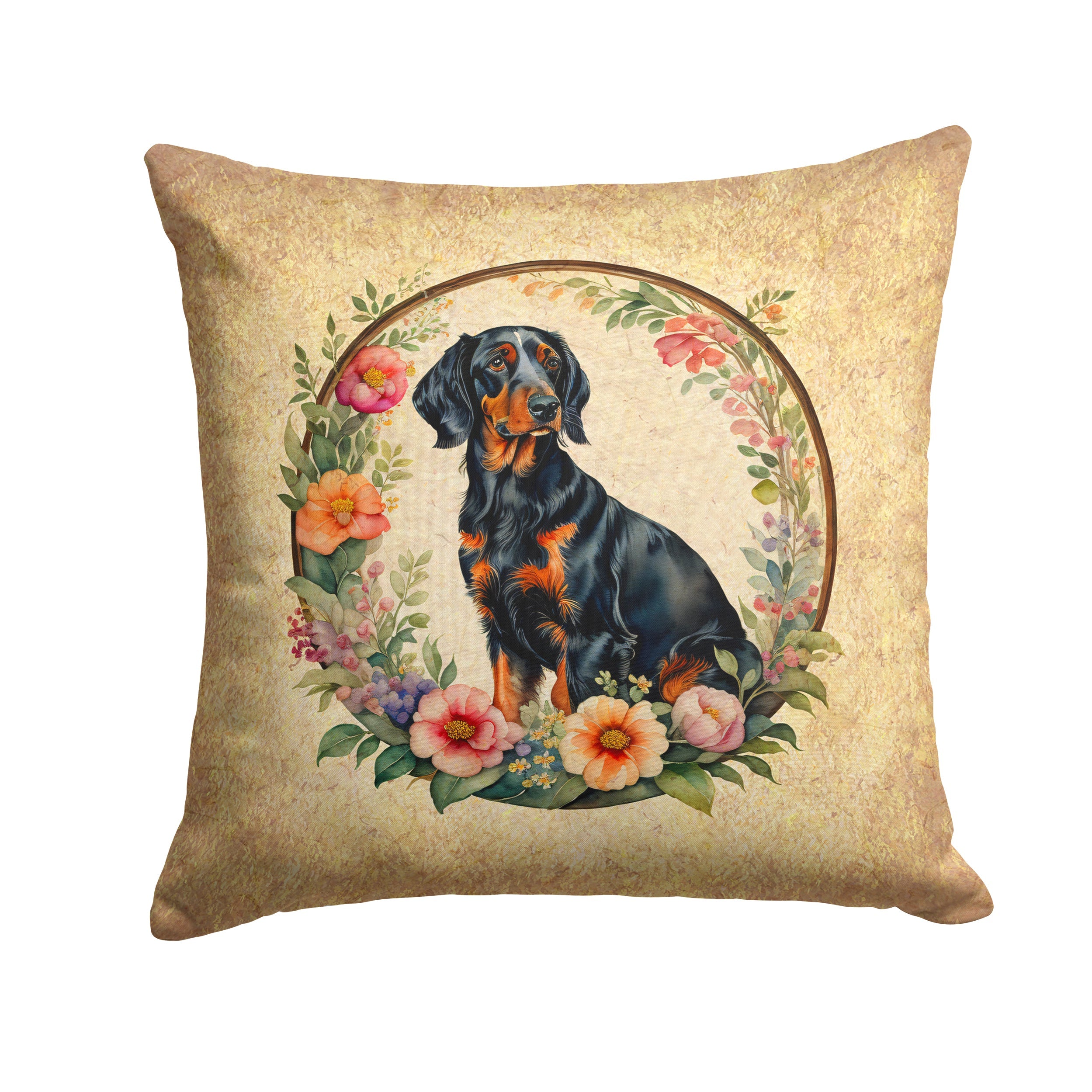 Gordon Setter and Flowers Fabric Decorative Pillow