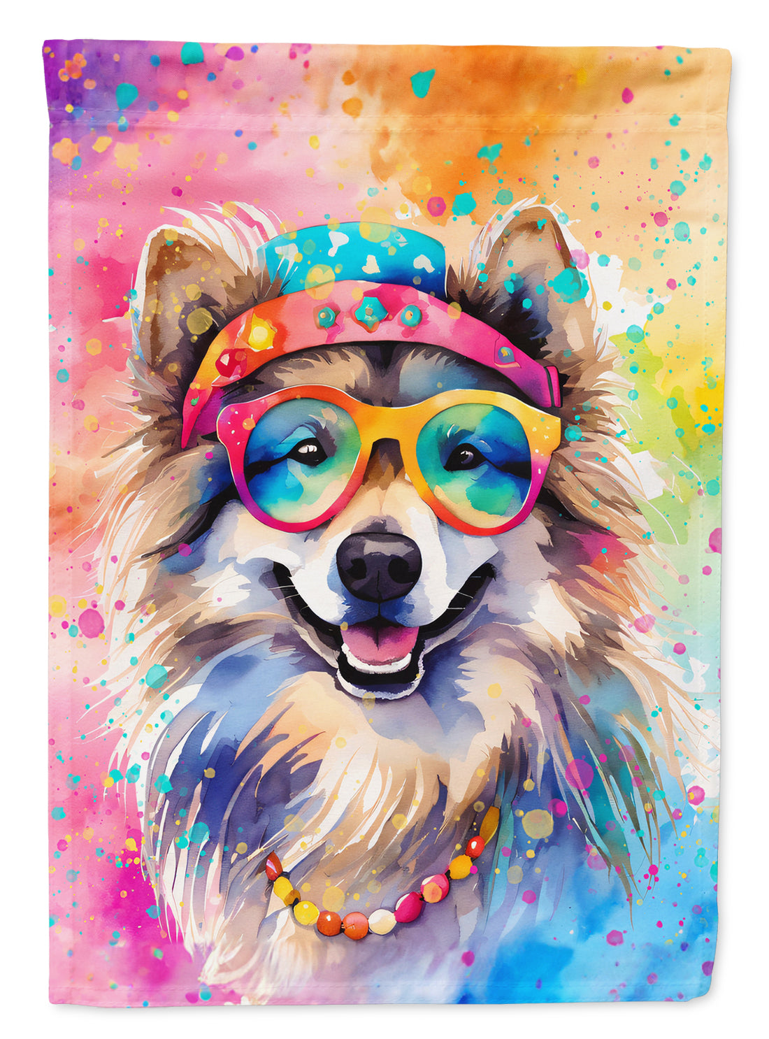 Keeshond Hippie Dawg Garden Flag – Retro Dog with Sunglasses & Multico