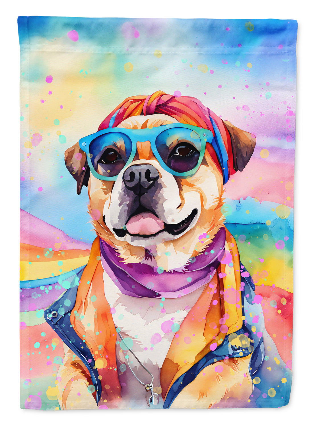 Pug Hippie Dawg Garden Flag – Retro Dog with Sunglasses & Multicolored