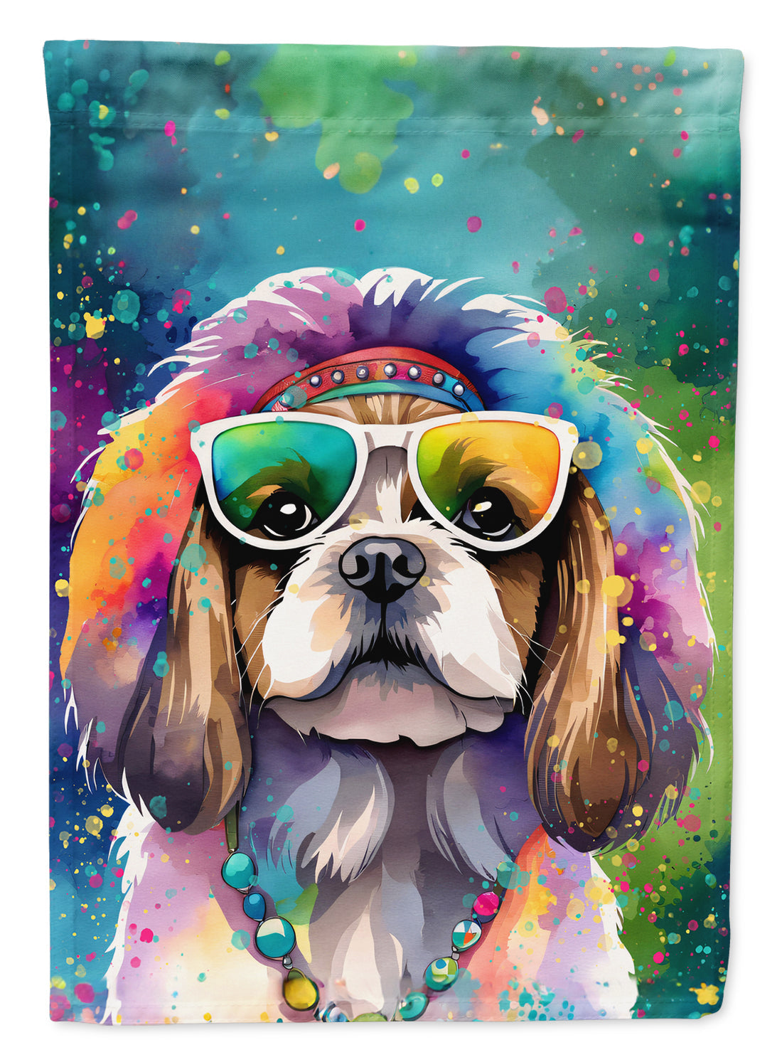 Shih Tzu Hippie Dawg Garden Flag – Retro Dog with Sunglasses & Multico