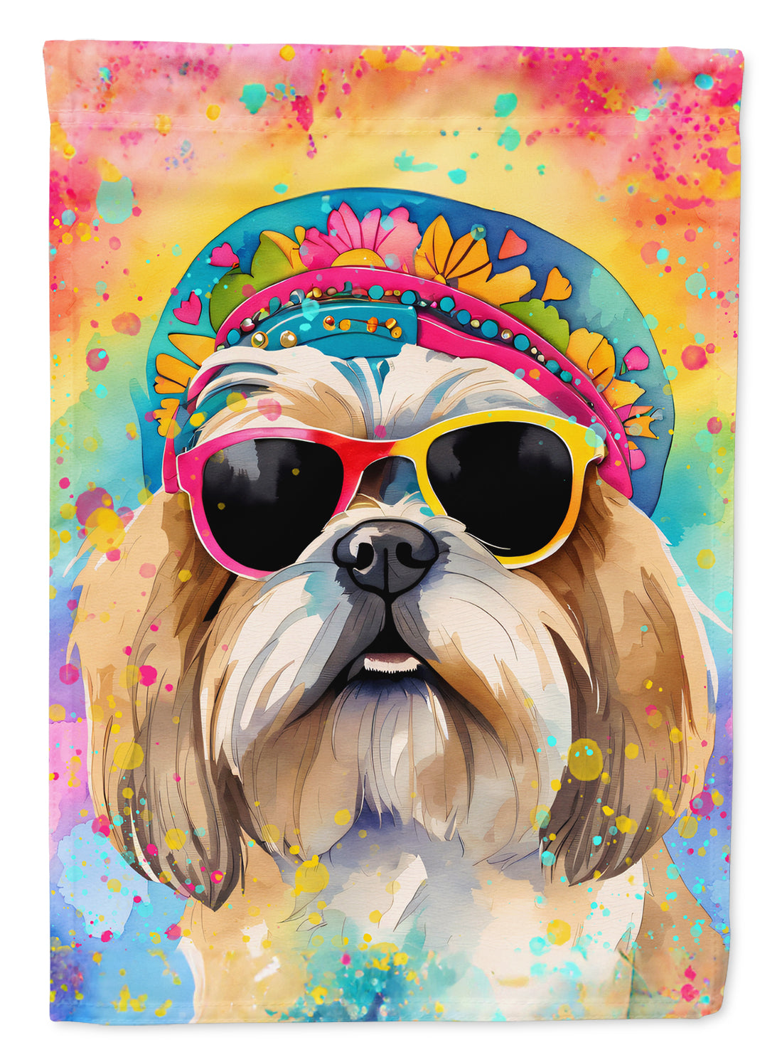 Shih Tzu Hippie Dawg Garden Flag – Retro Dog with Sunglasses & Multico