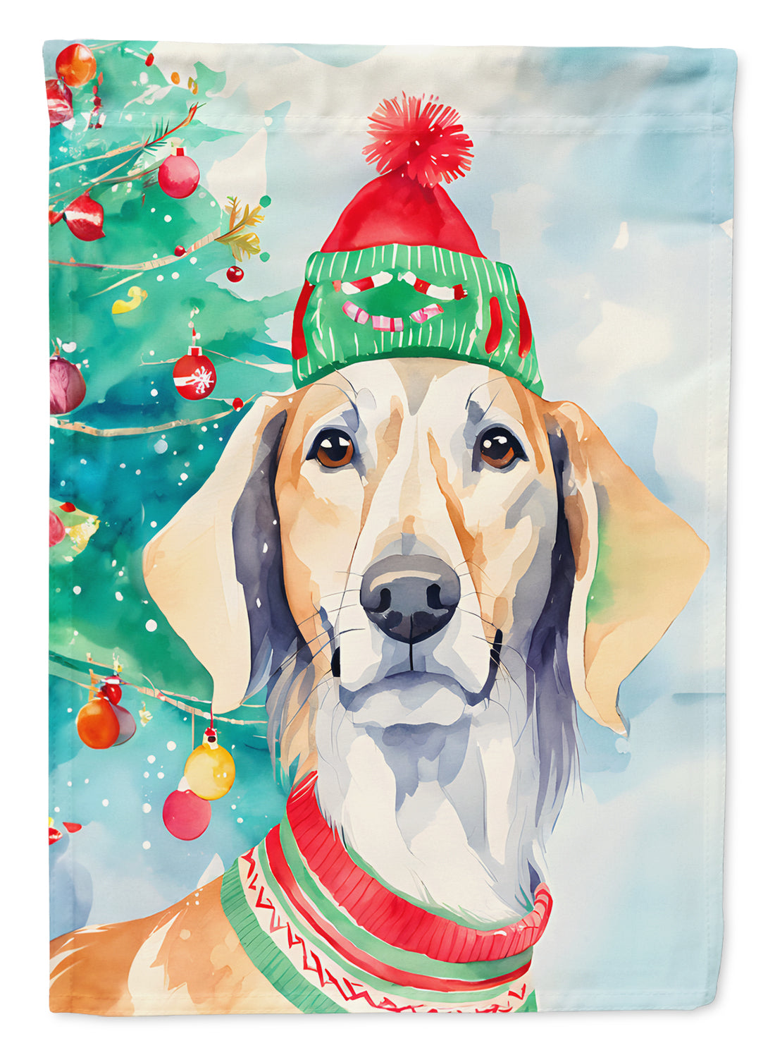 Saluki Christmas Garden Flag – Cozy Dog Holiday Decor with Tree & Pres