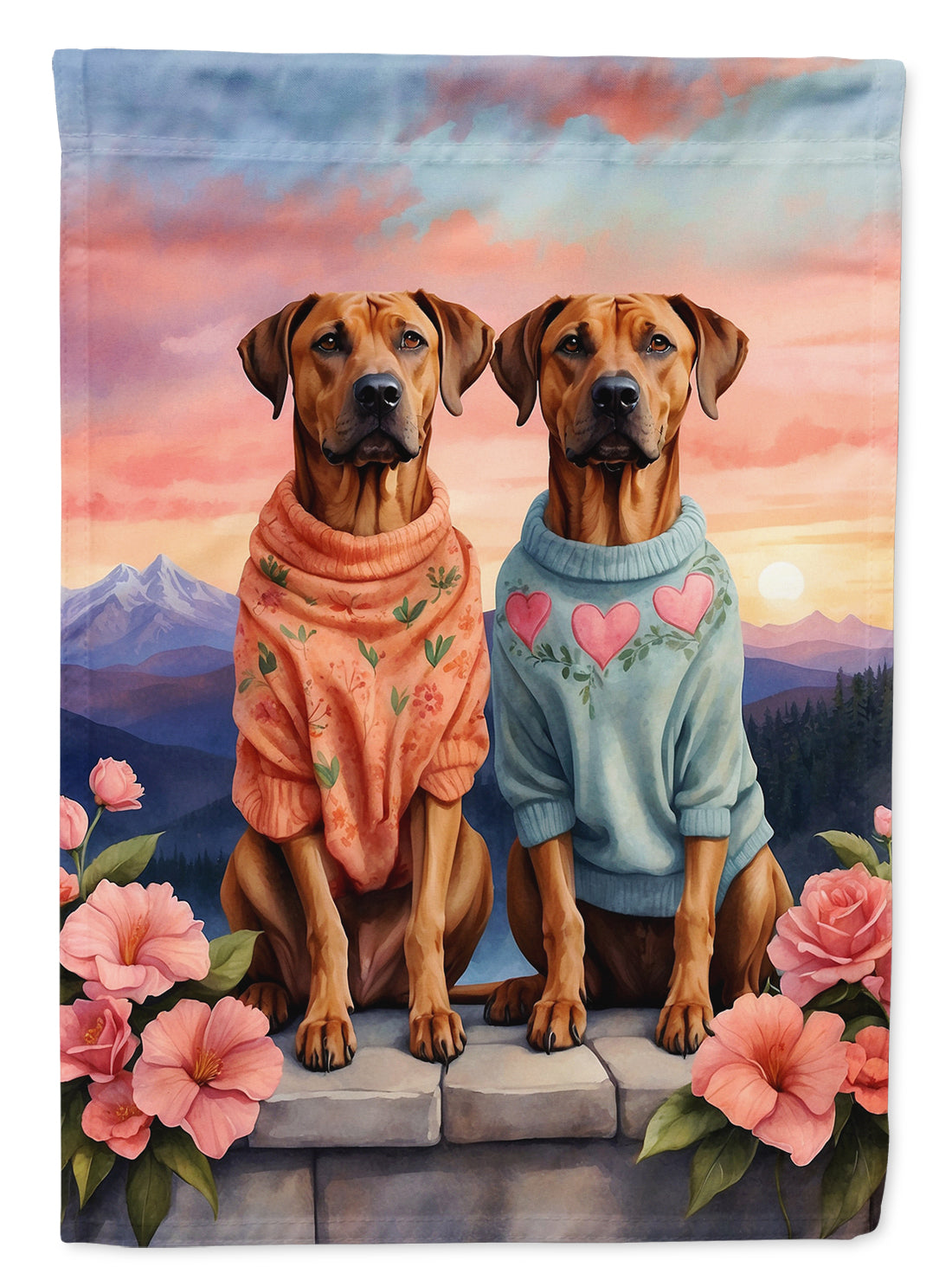 Rhodesian Ridgeback Two Hearts Garden Flag – Romantic Dog Pair with Su