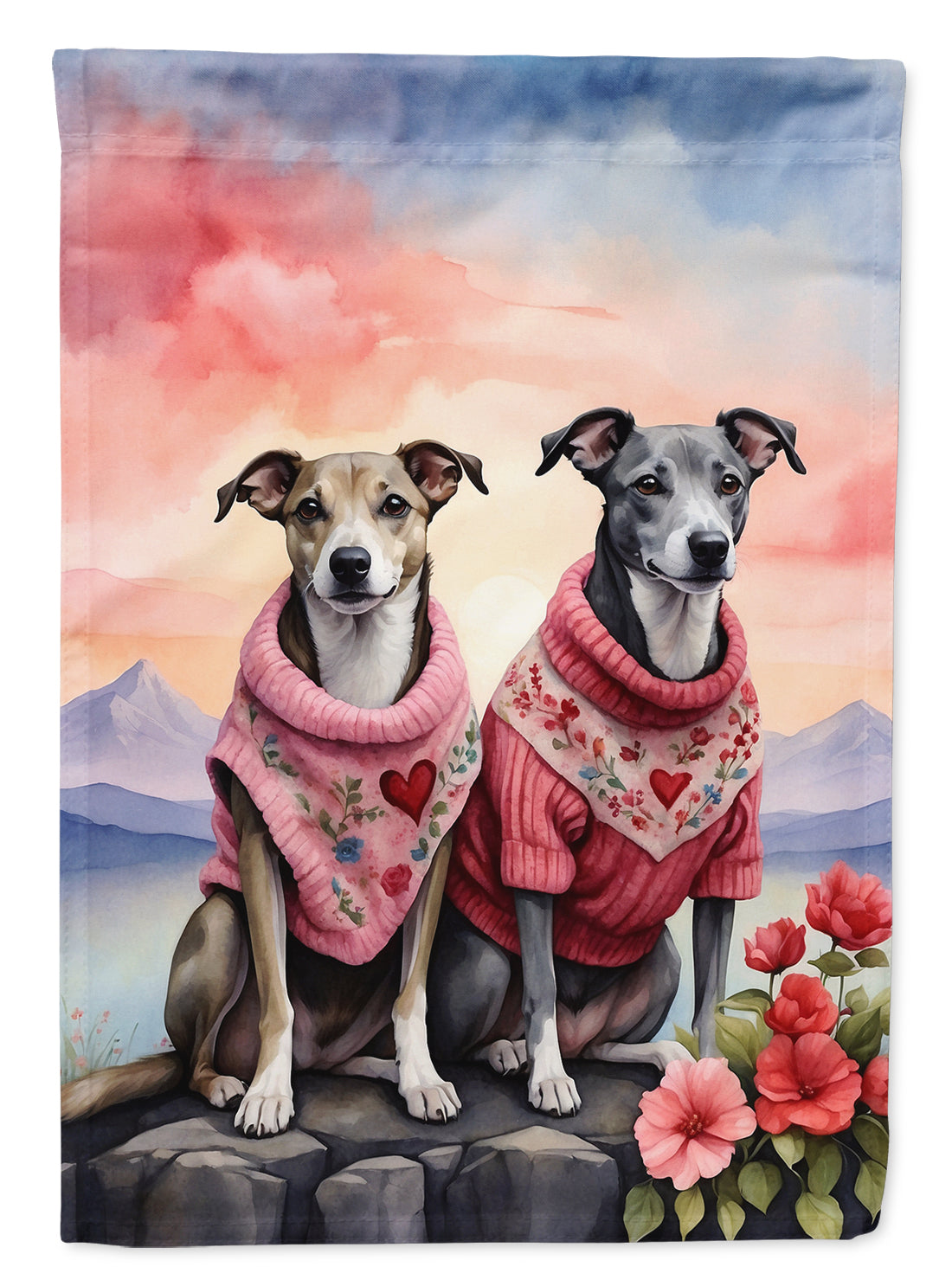 Whippet Two Hearts Garden Flag – Romantic Dog Pair with Sunset & Mount