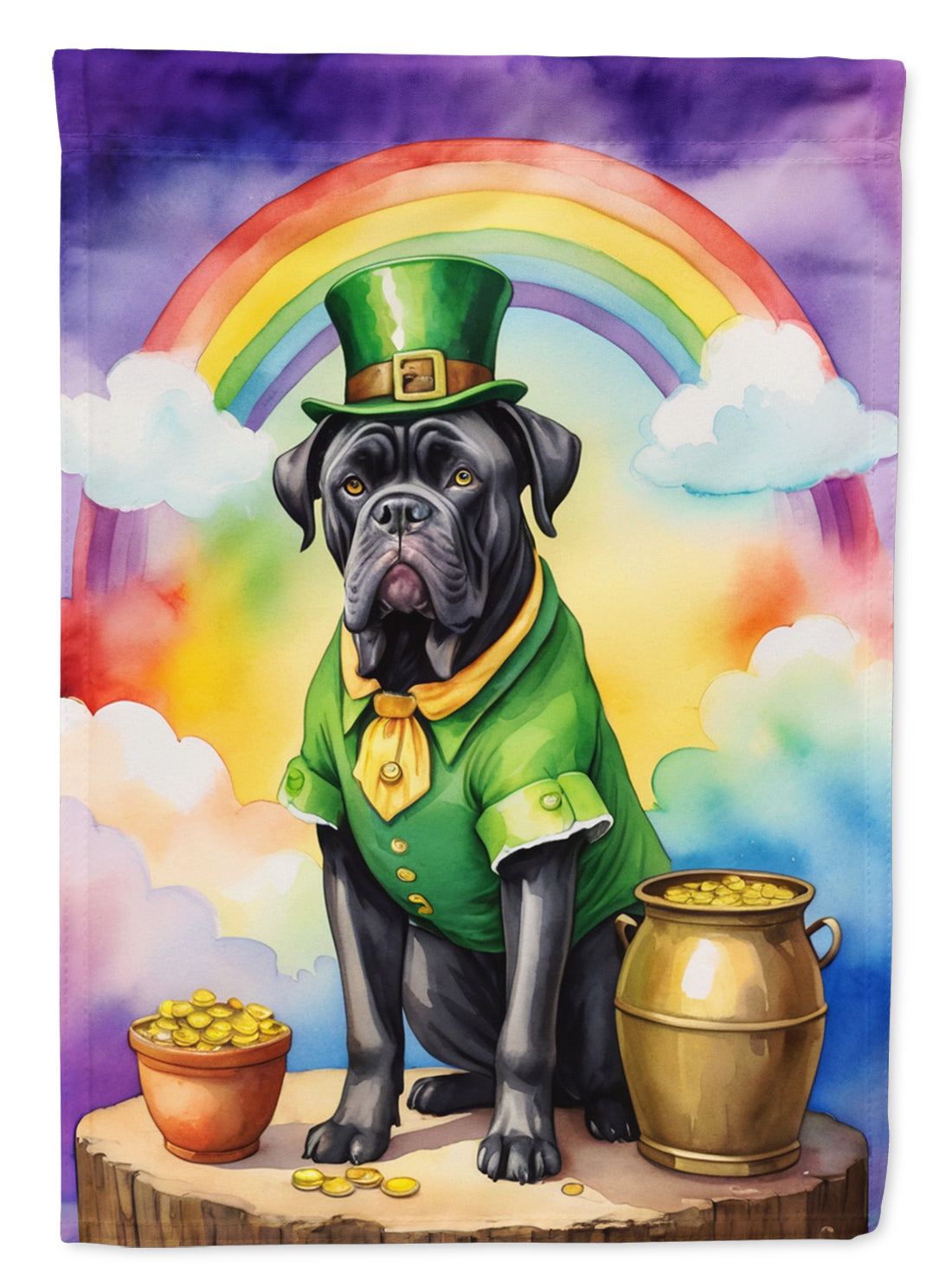 Cane Corso St. Patrick’s Day Garden Flag – Dog with Pot of Gold & Rain