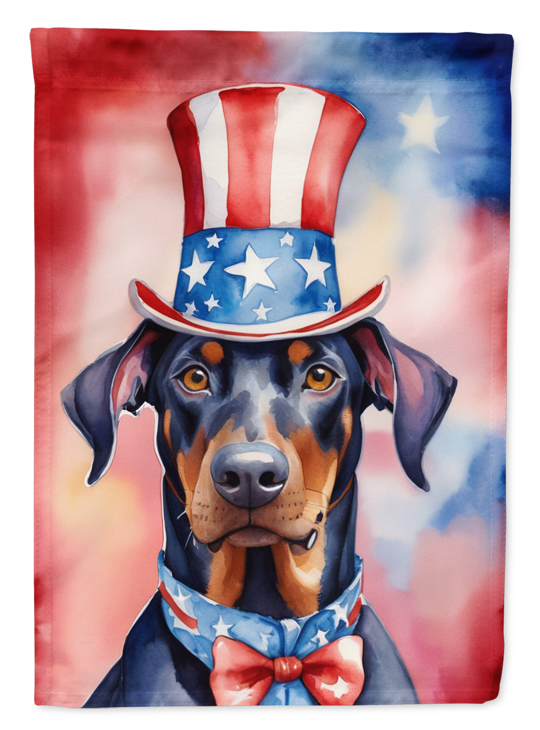 Doberman Pinscher Patriotic American Garden Flag – Dog in Uncle Sam Ha