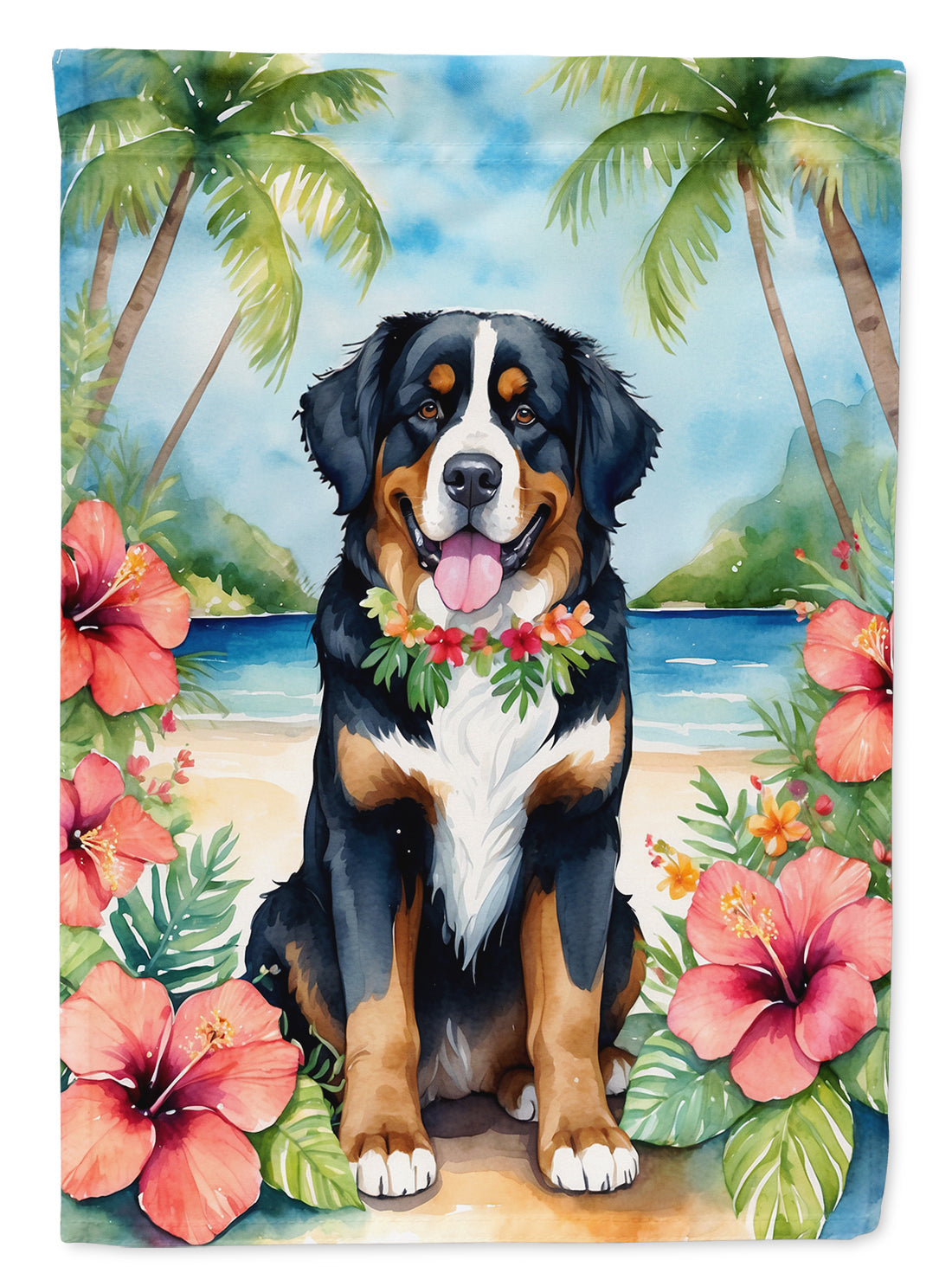 Bernese Mountain Dog Luau Garden Flag – Tropical Dog Decor with Hibisc