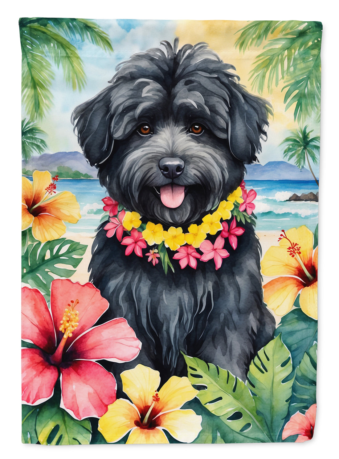 Puli Luau Garden Flag – Tropical Dog Decor with Hibiscus & Palm Leaves