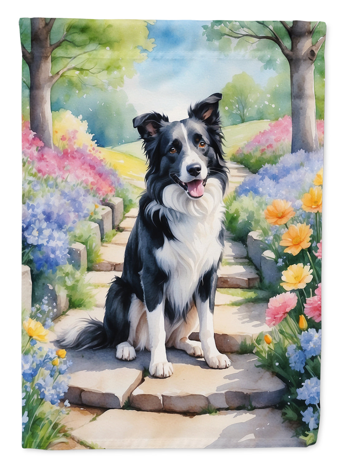 Border Collie Spring Path Garden Flag – Dog-Themed Floral Outdoor Deco