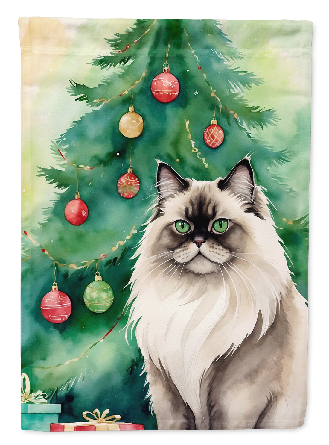 Colorpoint Longhair Cat By the Christmas Tree House Flag