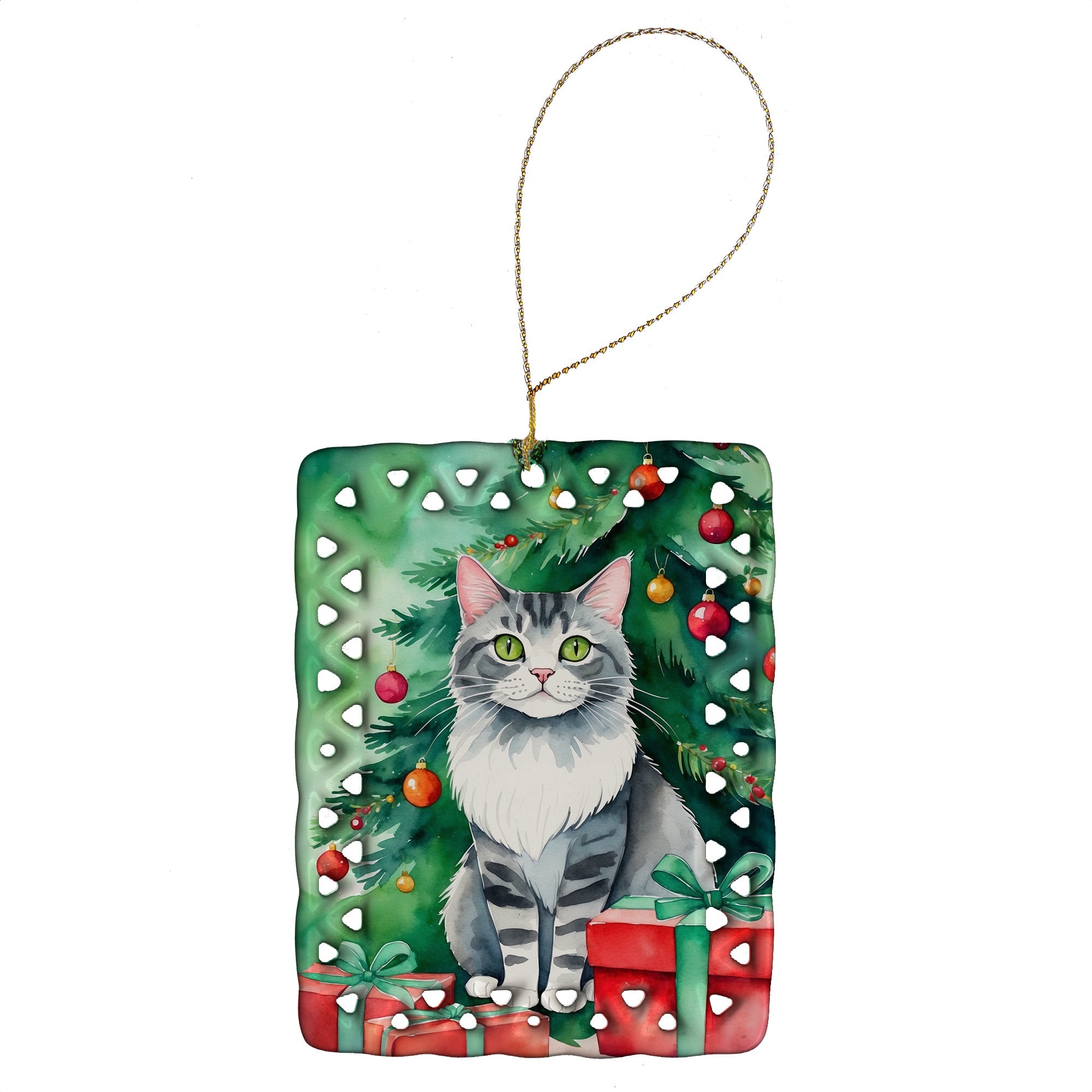 Foldex Exotic Fold Cat By the Christmas Tree Porcelain Ornament