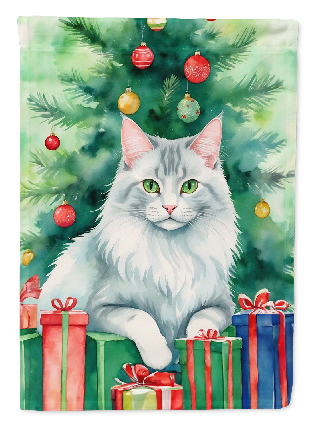 Turkish Angora Cat Christmas Garden Flag - Cat by the Christmas Tree