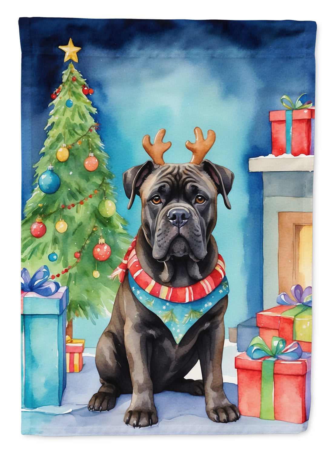 Cane Corso Christmas Garden Flag – Dog in Reindeer Antlers with Tree