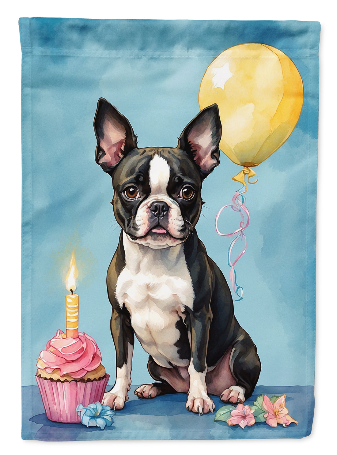 Boston Terrier Happy Birthday Garden Flag –Dog Birthday Cupcake Yard D