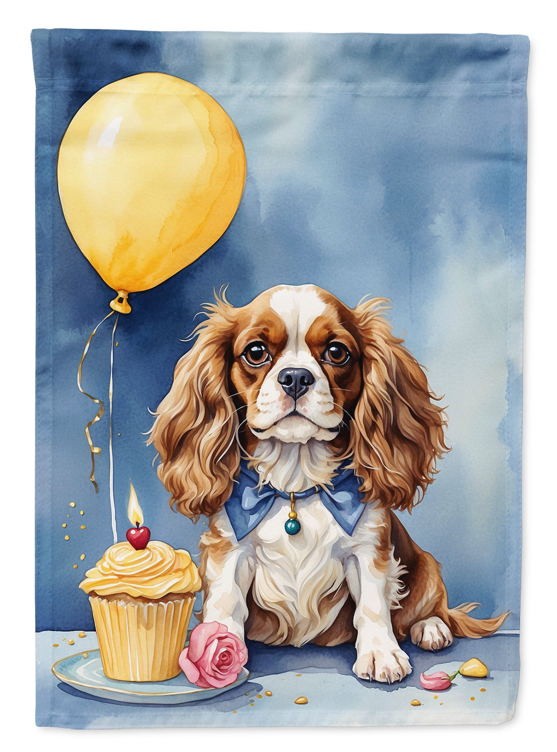 Cavalier Spaniel Happy Birthday Garden Flag –Dog Birthday Cupcake Yard