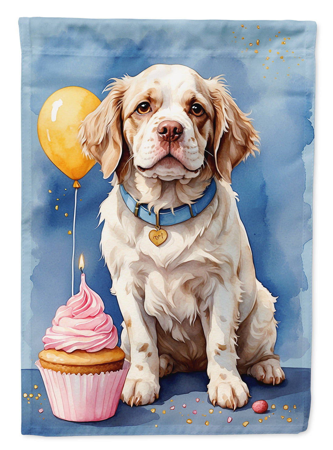 Clumber Spaniel Happy Birthday Garden Flag –Dog Birthday Cupcake Yard